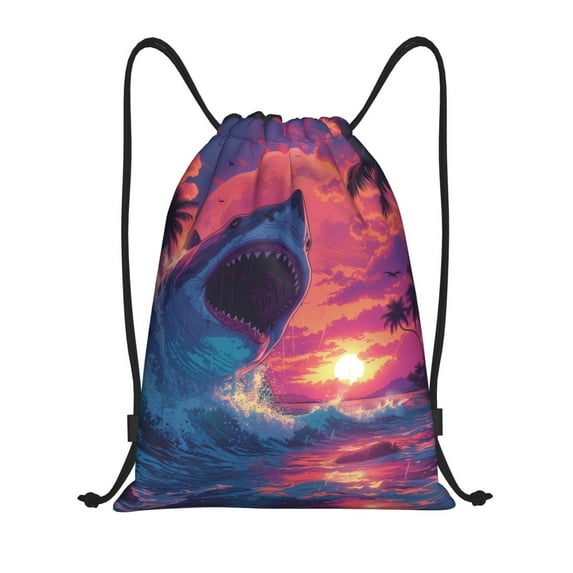Balery Hawaiian Island Beach Shark Pattern Drawstring Backpack Bag ...