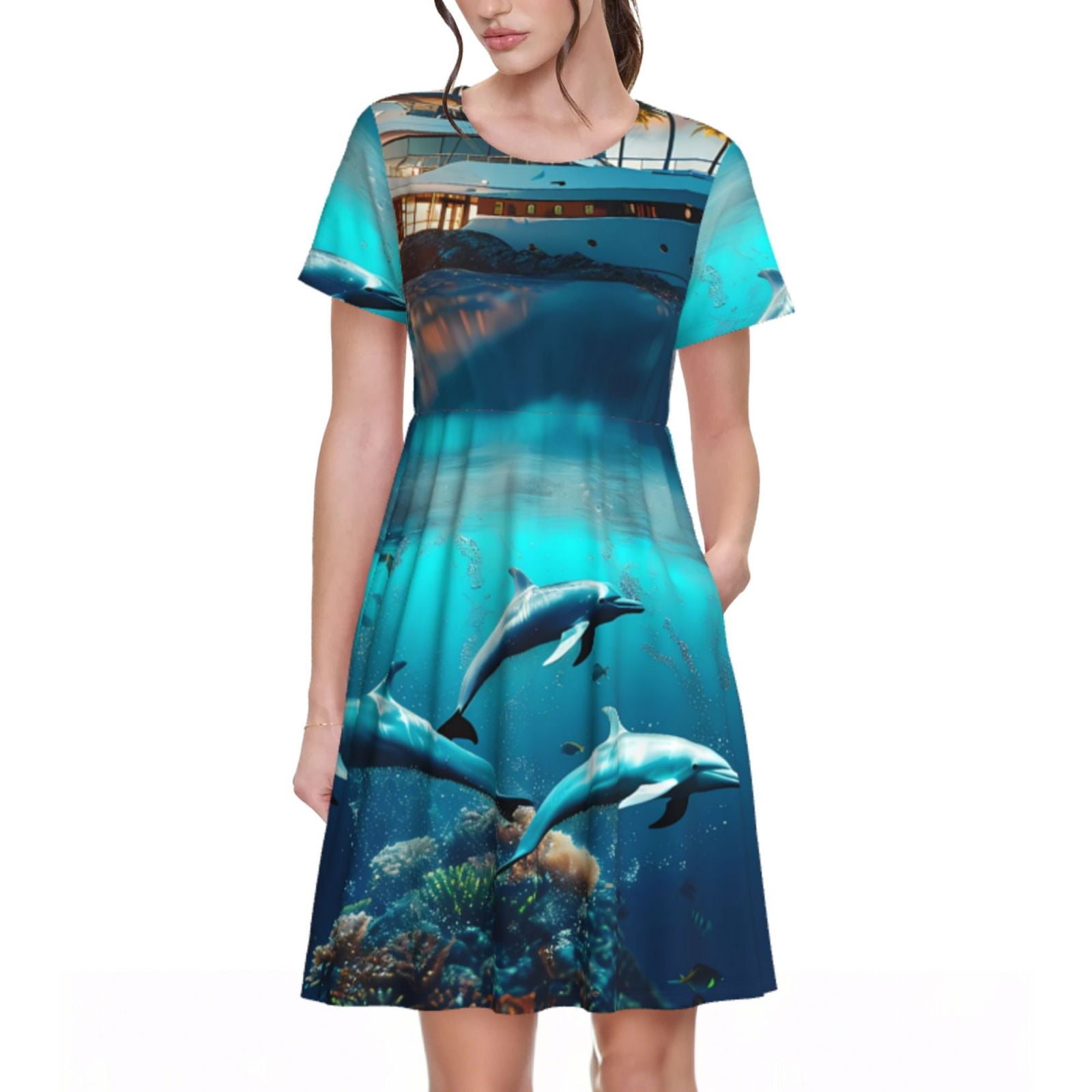 Balery Hawaiian Ship Dolphin Pattern Womens Dresses Loose Short sleeve ...