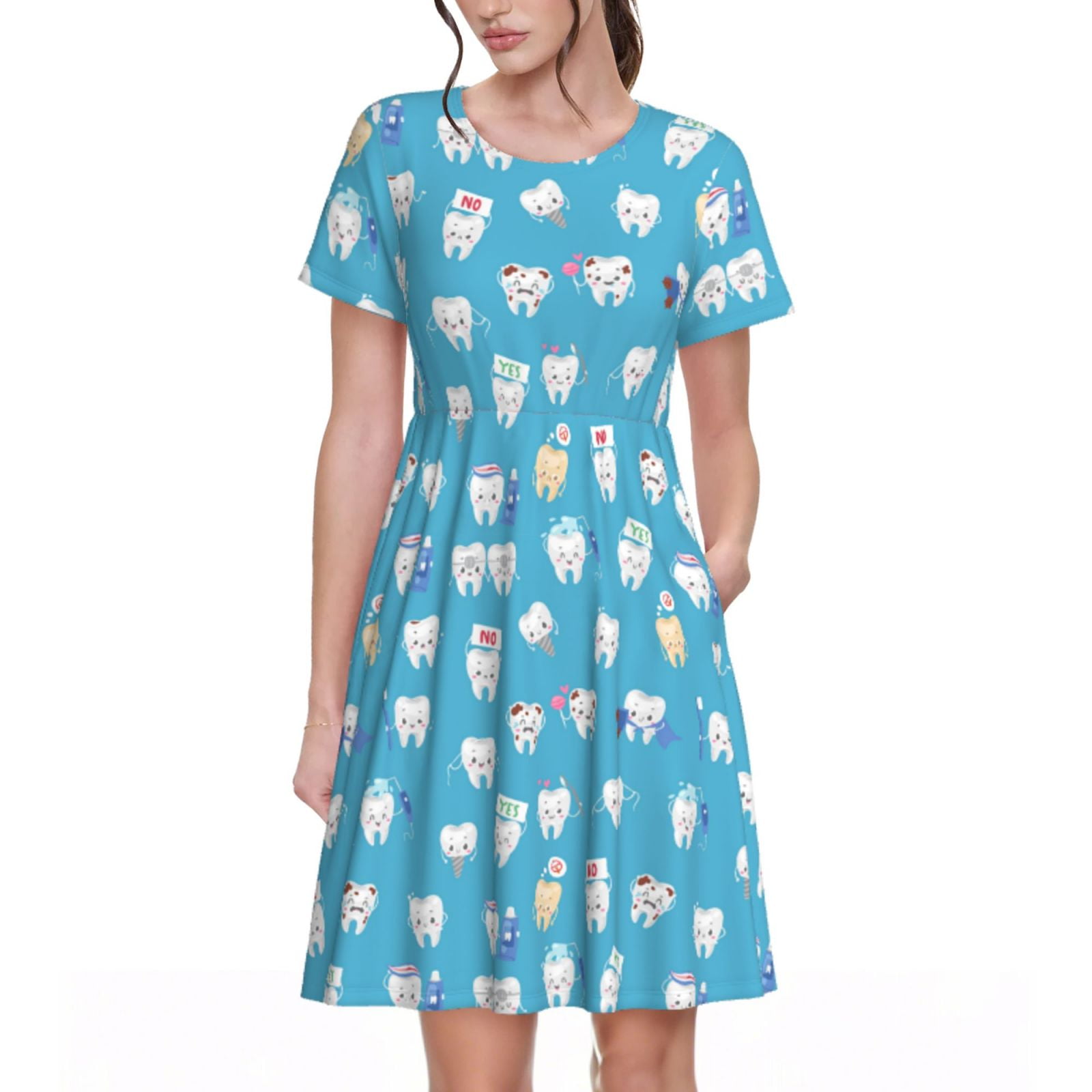 Balery Healthy And Ill White Teeth Pattern Womens Dresses Loose Short ...