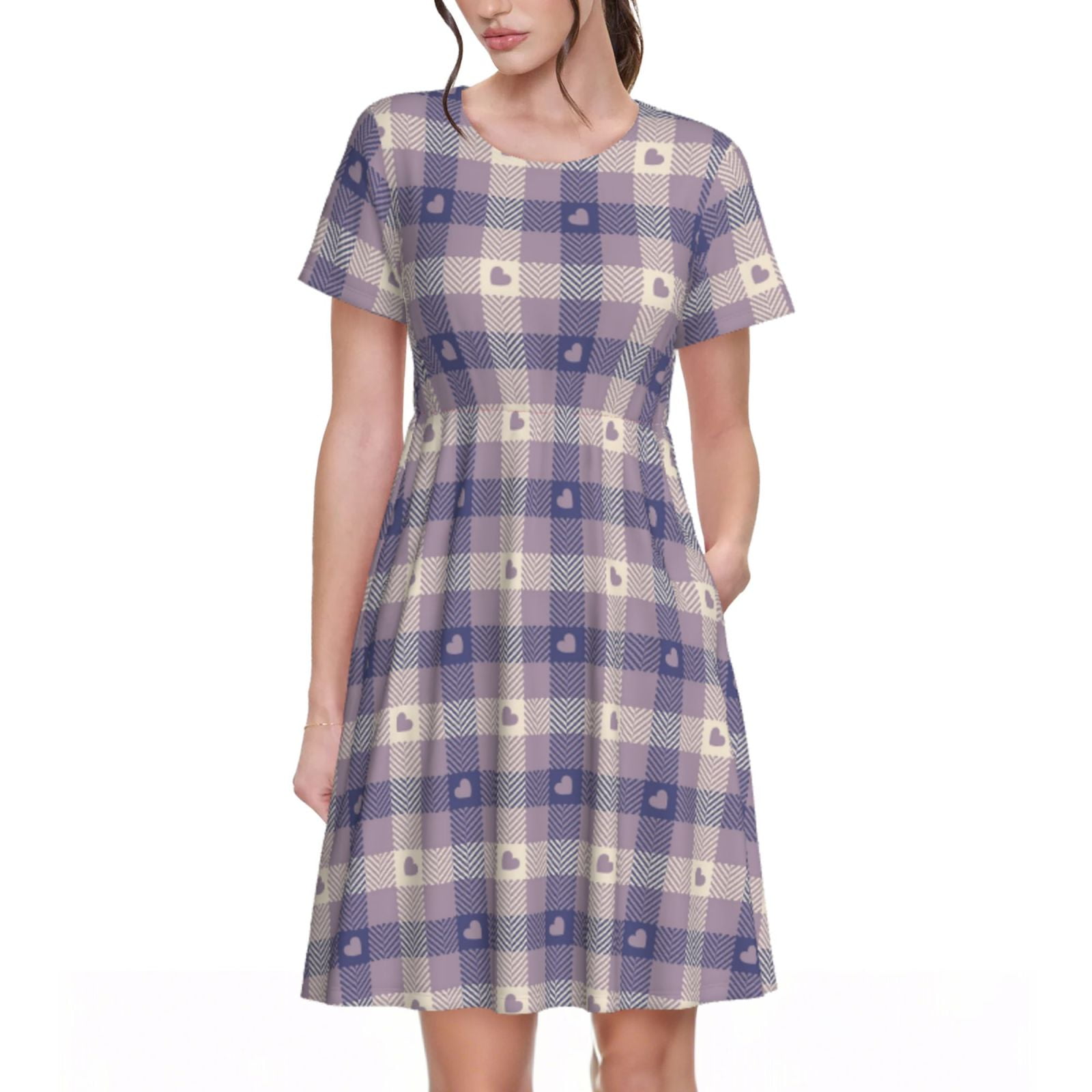 Balery Heart Check Plaid Pattern Womens Dresses Loose Short sleeve ...