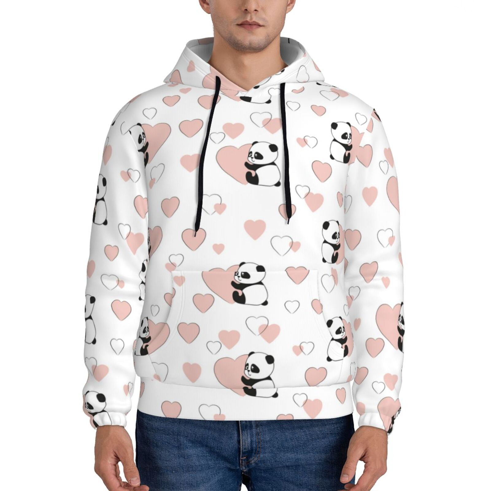 Balery Heart Panda Pattern Mens Hoodie Kangaroo Pocket Hoodie Pullover ...