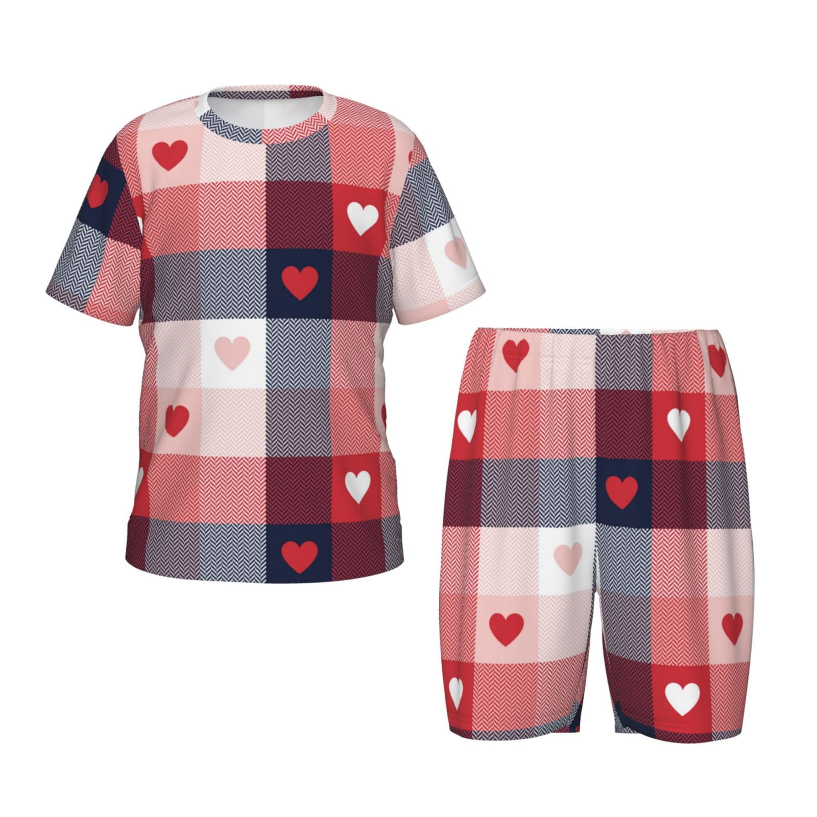 Balery Heart Plaid Pattern Kids’ Short-Sleeved Pajama Set – Soft Cotton Sleepwear, Comfortable ...