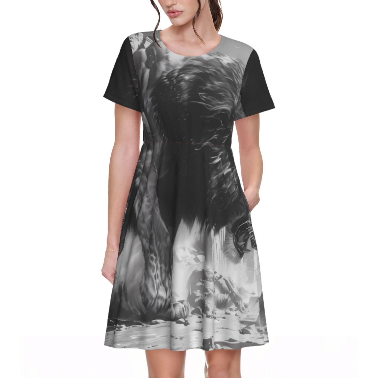 Balery Heroic Lion Encounter Pattern Womens Dresses Loose Short sleeve Sundresses Swimsuit ...