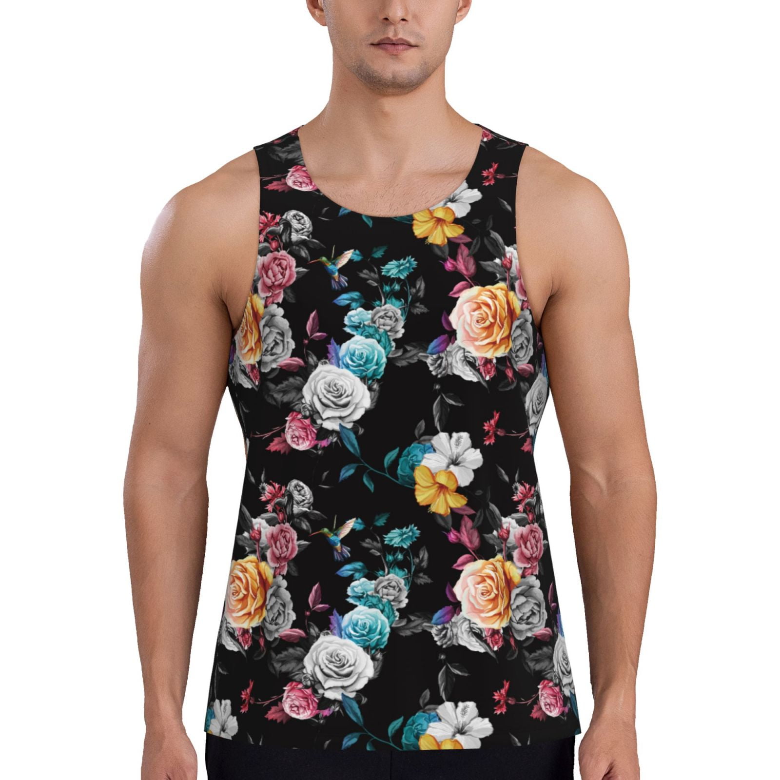 Balery Hibiscus Rose Pattern Men's Workout Tank Top Gym Muscle Tee ...