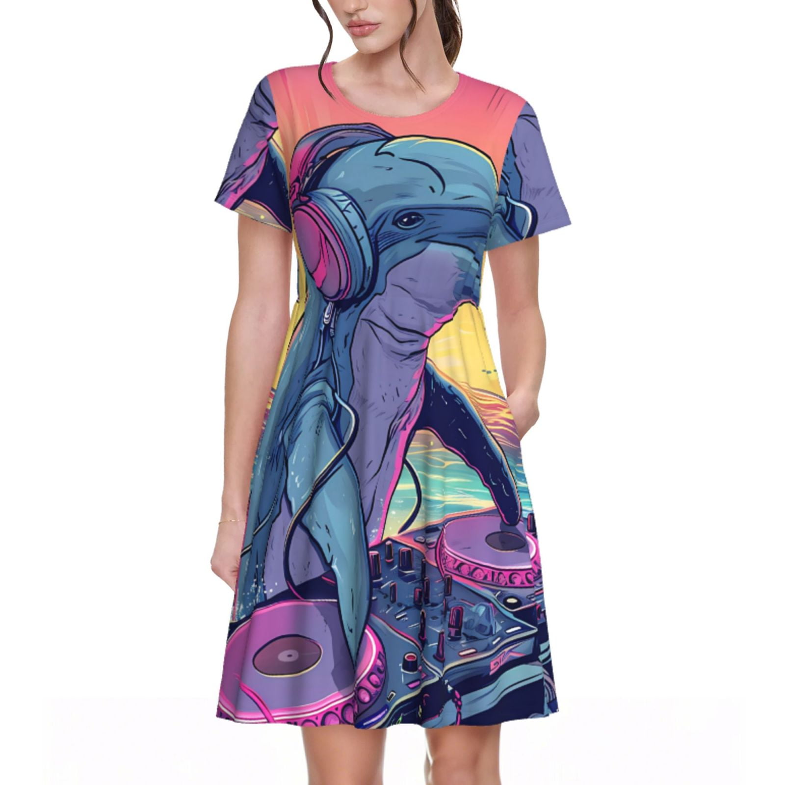 Balery Hip-Hop DJ Dolphin Pattern Womens Dresses Loose Short sleeve ...