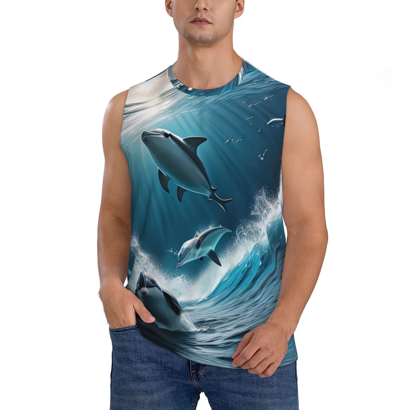 Balery Ice Blue Ocean Cute Dolphin A Men's Sleeveless Muscle Shirts ...
