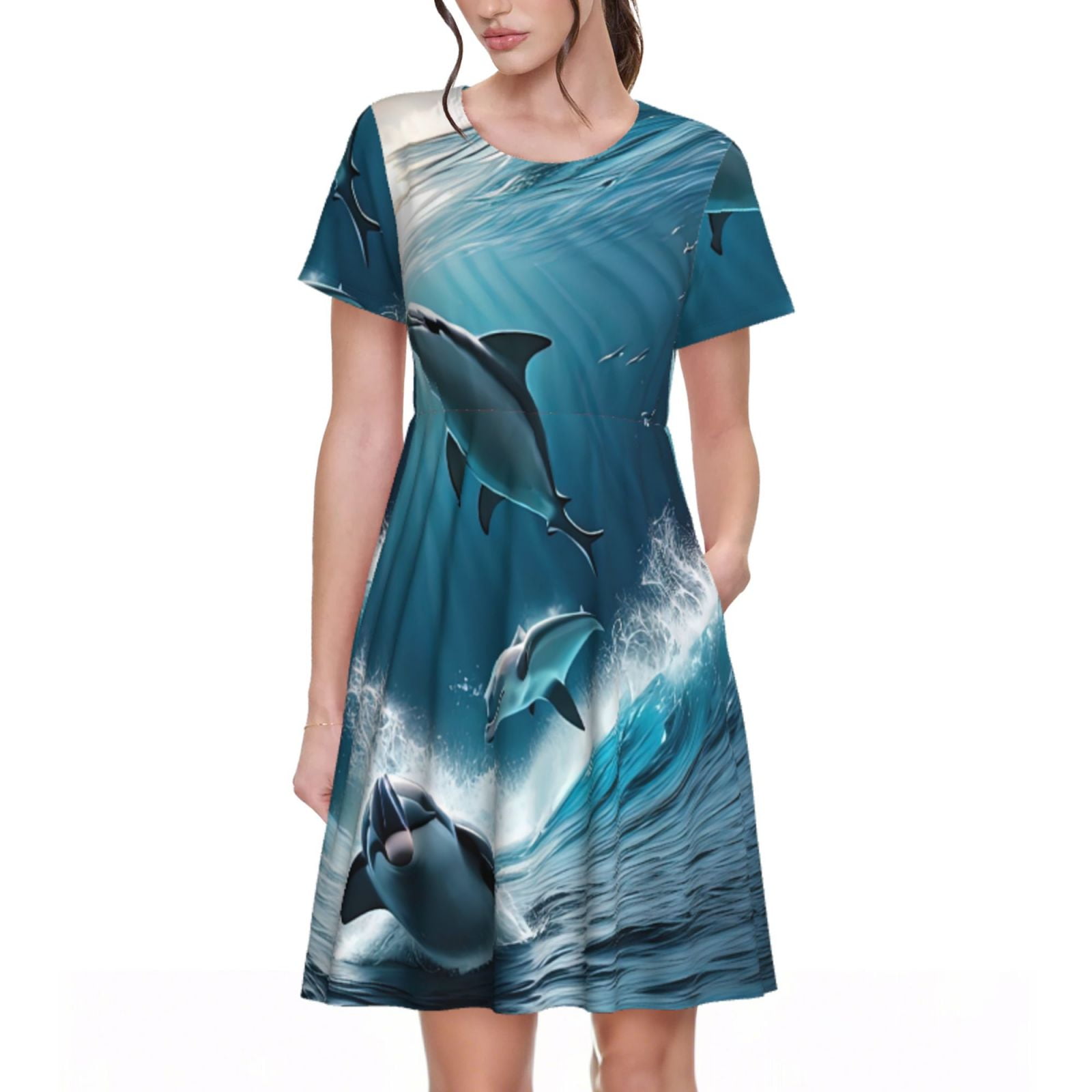 Balery Ice Blue Ocean Cute Dolphin A Pattern Womens Dresses Loose Short ...