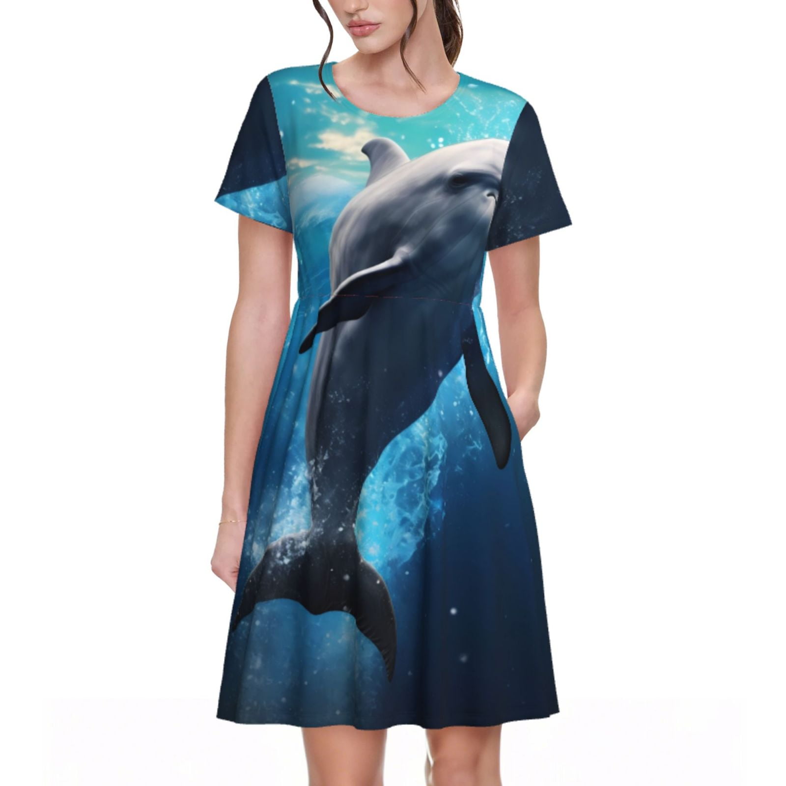 Balery Ice Blue Ocean Cute Dolphin Pattern Womens Dresses Loose Short ...