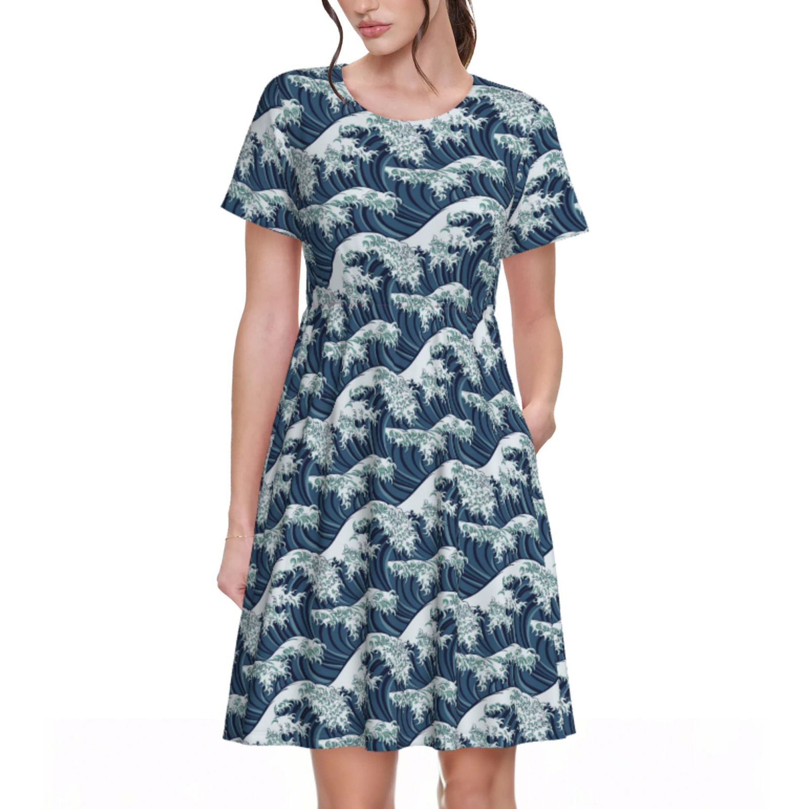 Balery A Japanese Great Wave Pattern Womens Dresses Loose Short sleeve ...