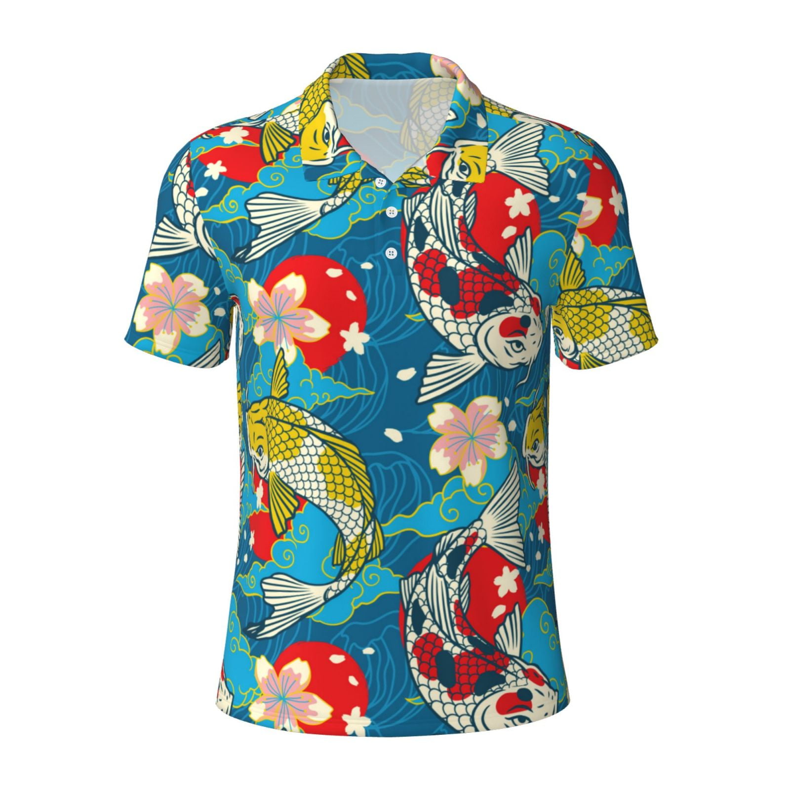 Balery Japanese Koi Printed Men’s Short Sleeve Polo Shirt, Midweight ...
