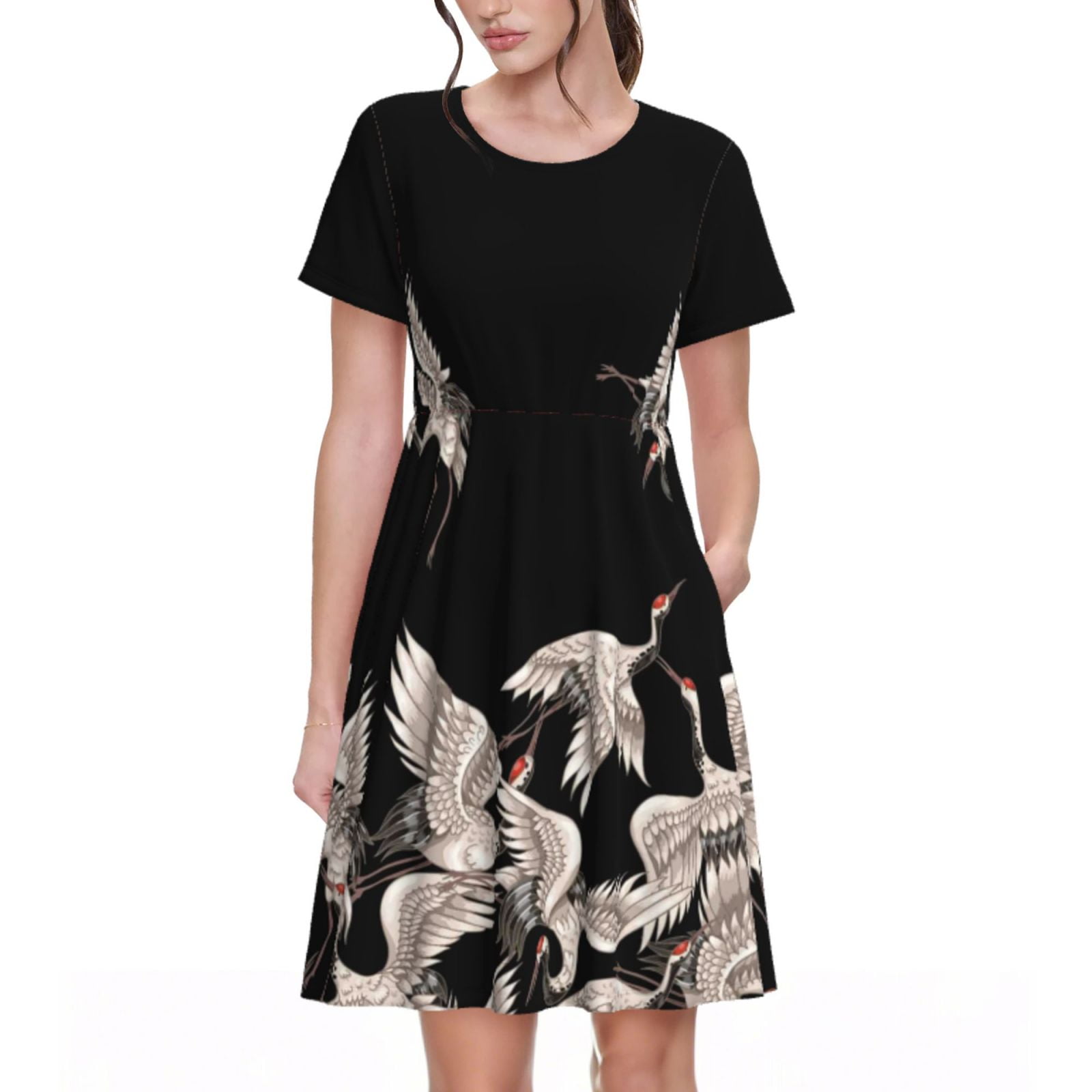 Balery Japanese White Crane Pattern Womens Dresses Loose Short sleeve Sundresses Swimsuit ...