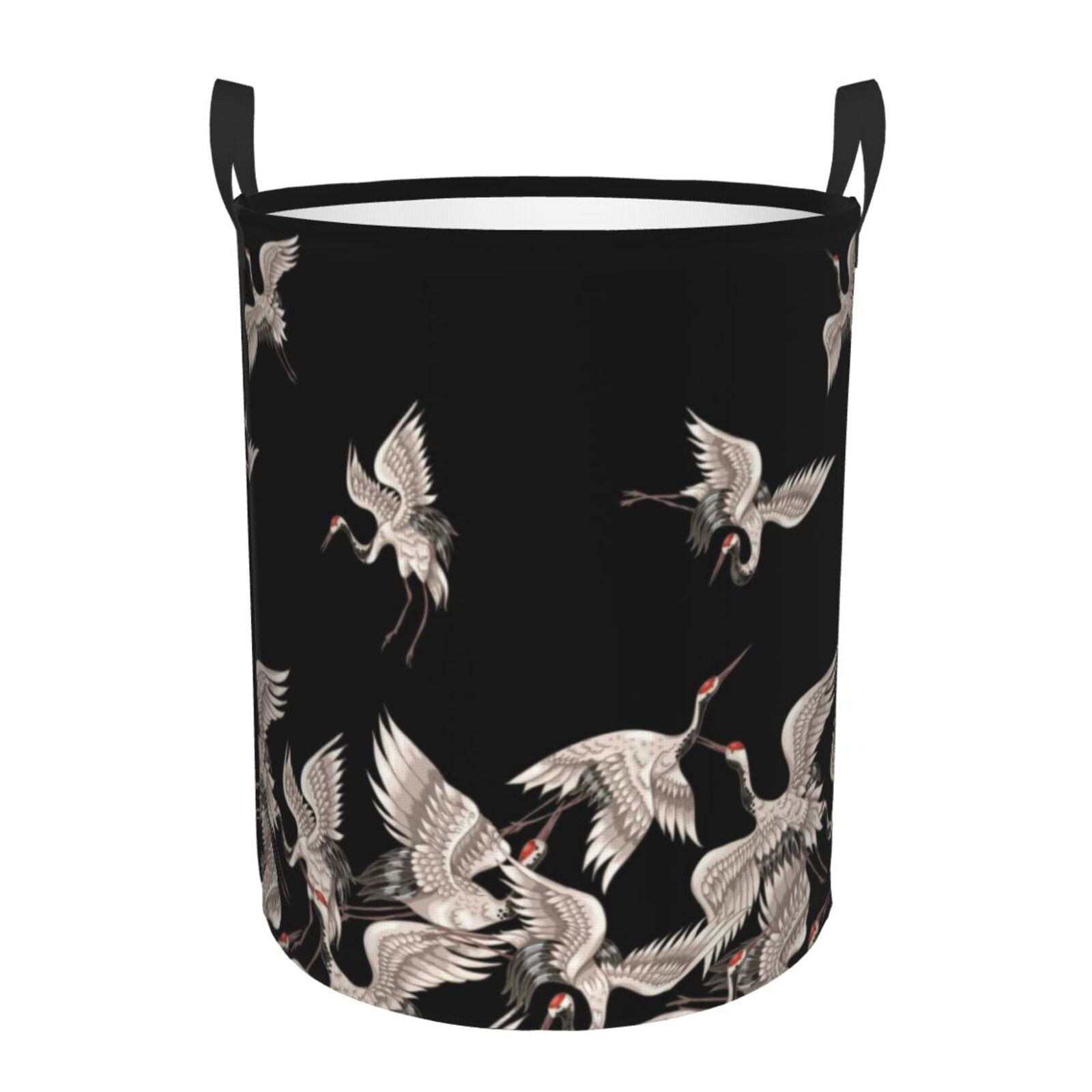 Balery Japanese White Crane Round Laundry Basket with Handles ...
