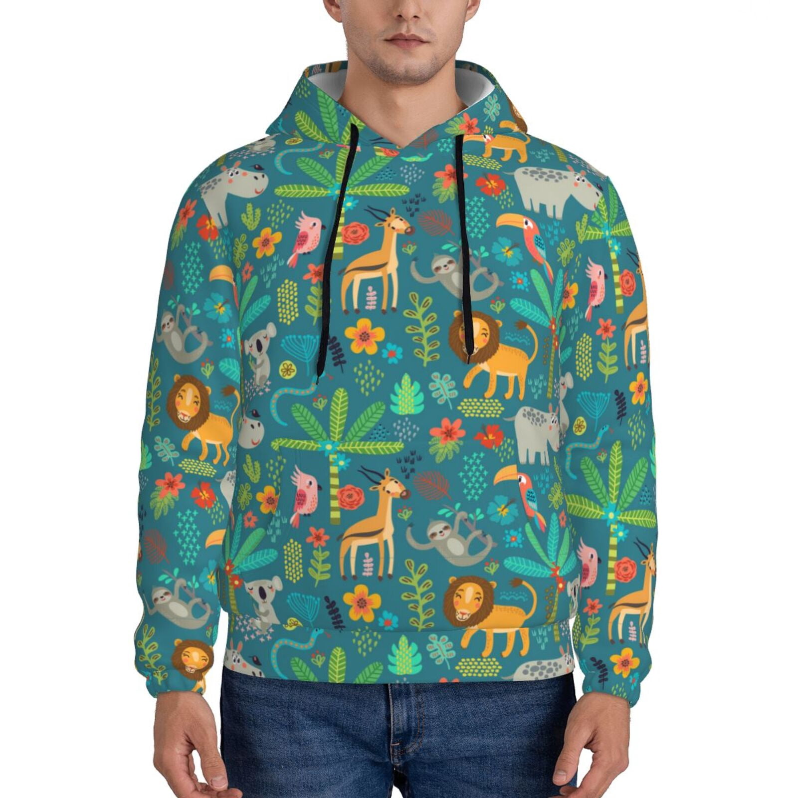Balery Jungle Animals Pattern Mens Hoodie Kangaroo Pocket Hoodie ...