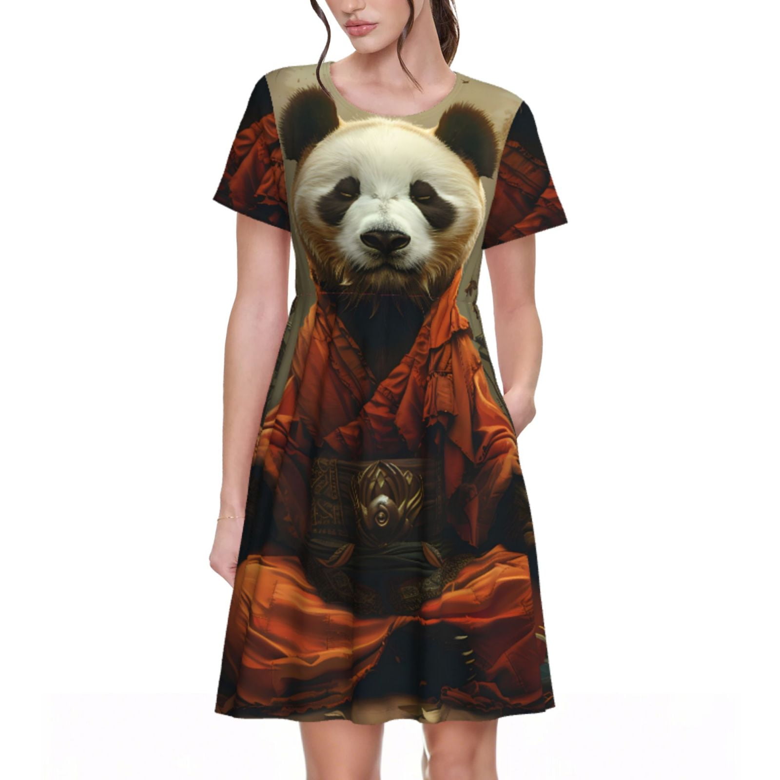 Balery Jungle Meditating Panda Pattern Womens Dresses Loose Short ...