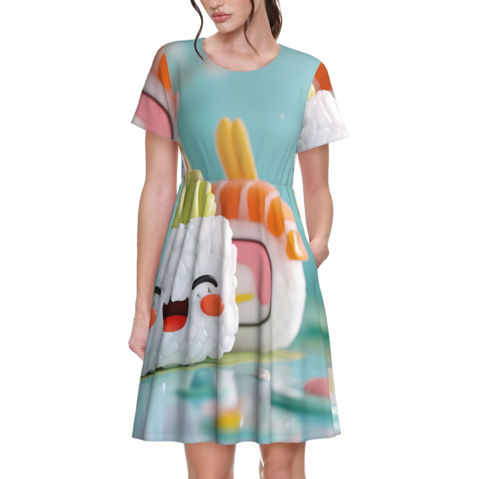Balery Kawaii Sushi Characters Delight Pattern Womens Dresses Loose ...