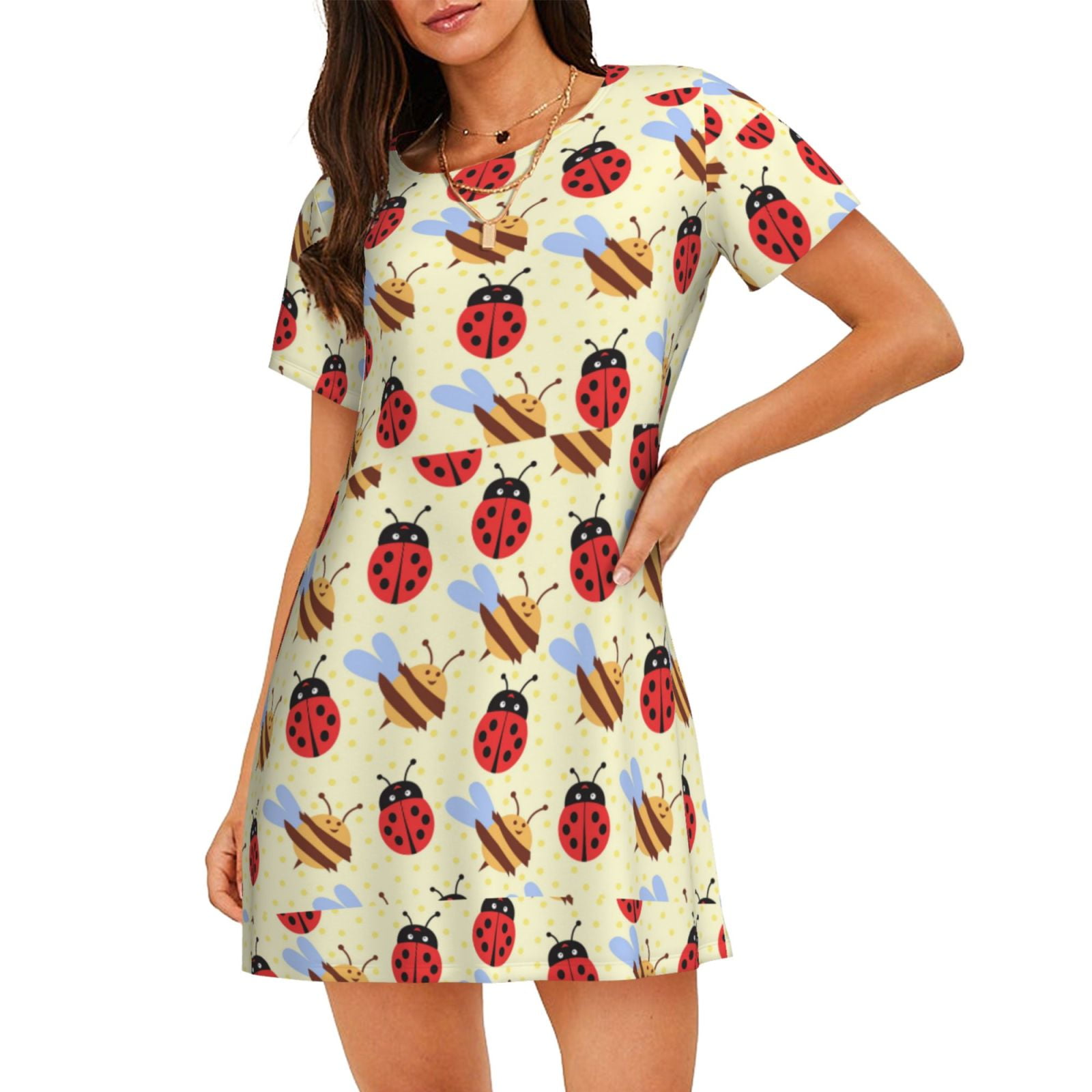 Balery Ladybug And Bee Pattern Womens Short Sleeve Sleepshirt Scoopneck ...