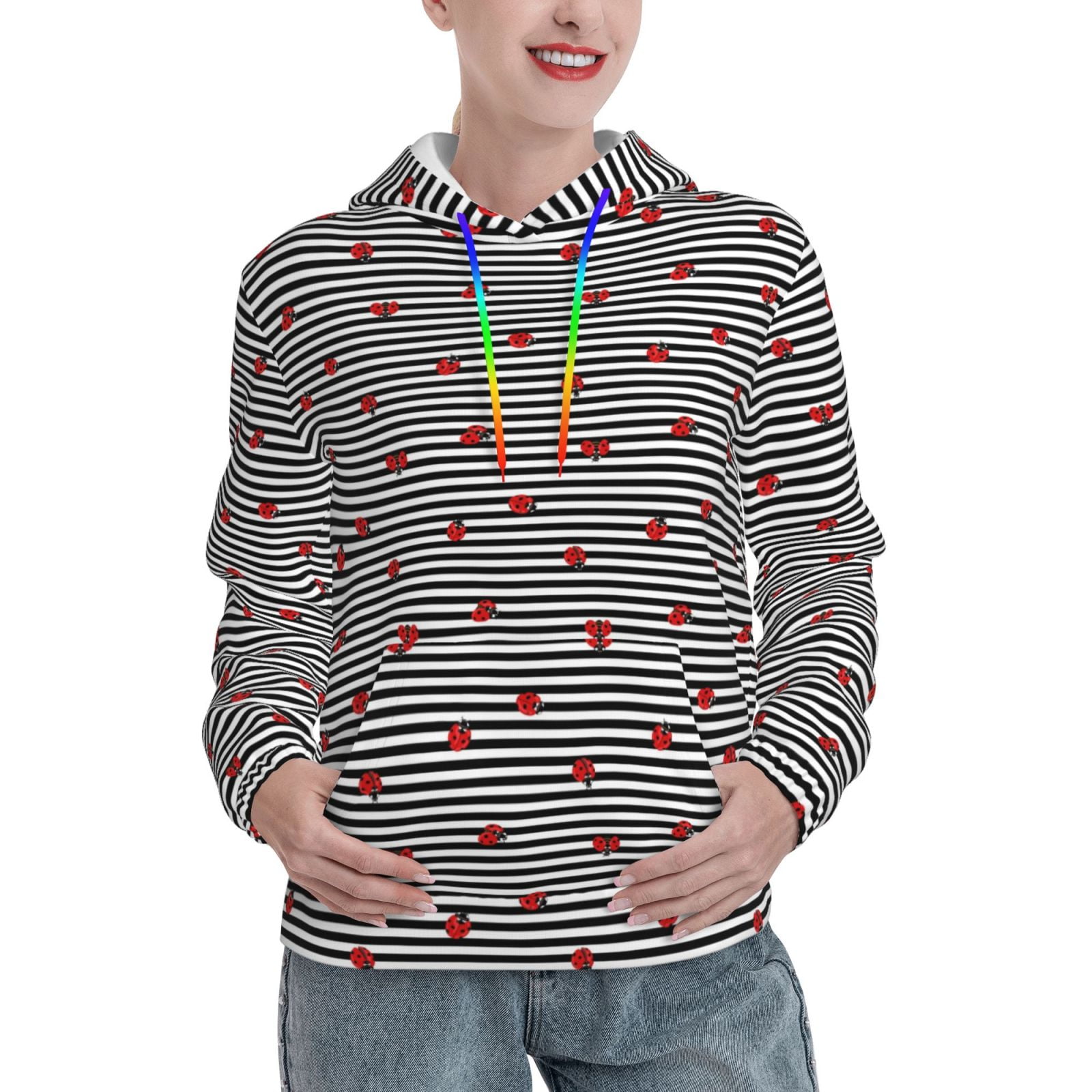 Balery Ladybugs on Black and White Striped Pattern Womens Long Sleeve ...