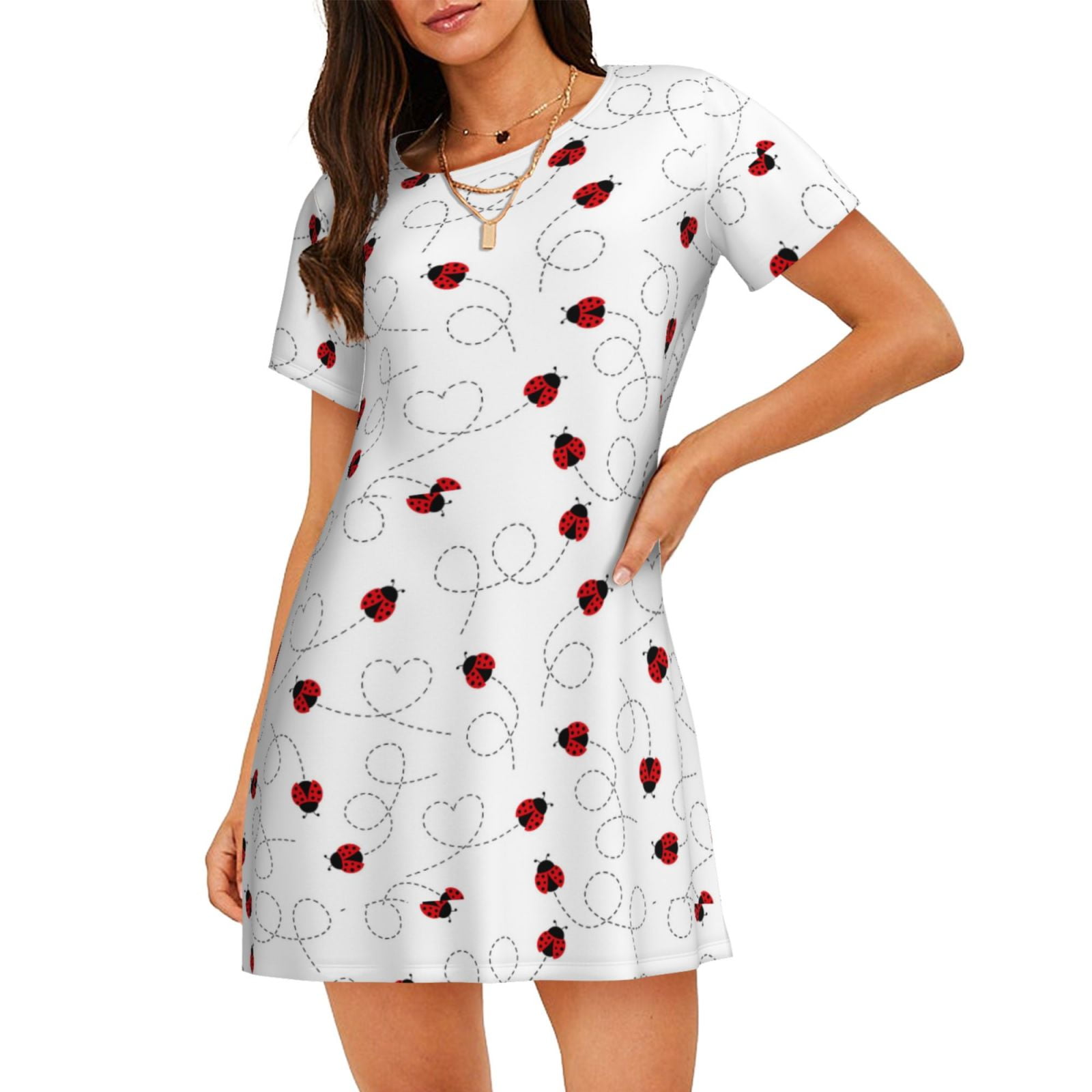 Balery Ladybugs Flying On Dotted Route Pattern Womens Short Sleeve ...