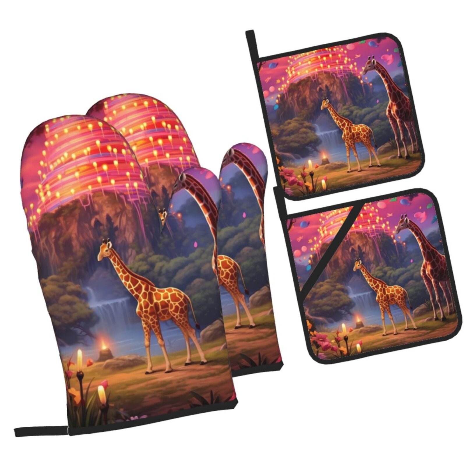 Balery Lantern Giraffes Magical Forest Pattern Oven Mitts and Pot ...