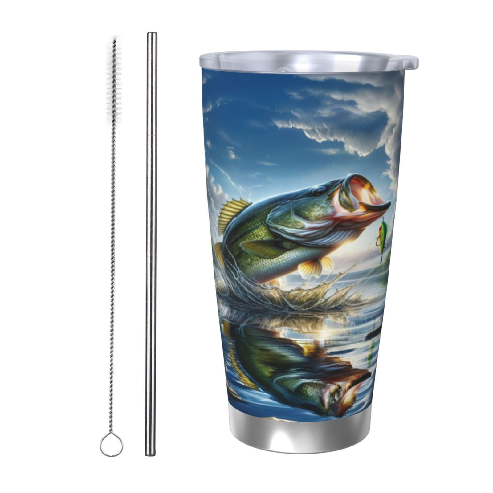 Balery Largemouth Bass Jumping Out of The Water Pattern 20oz Insulated Car Cup with Dual Drink ...