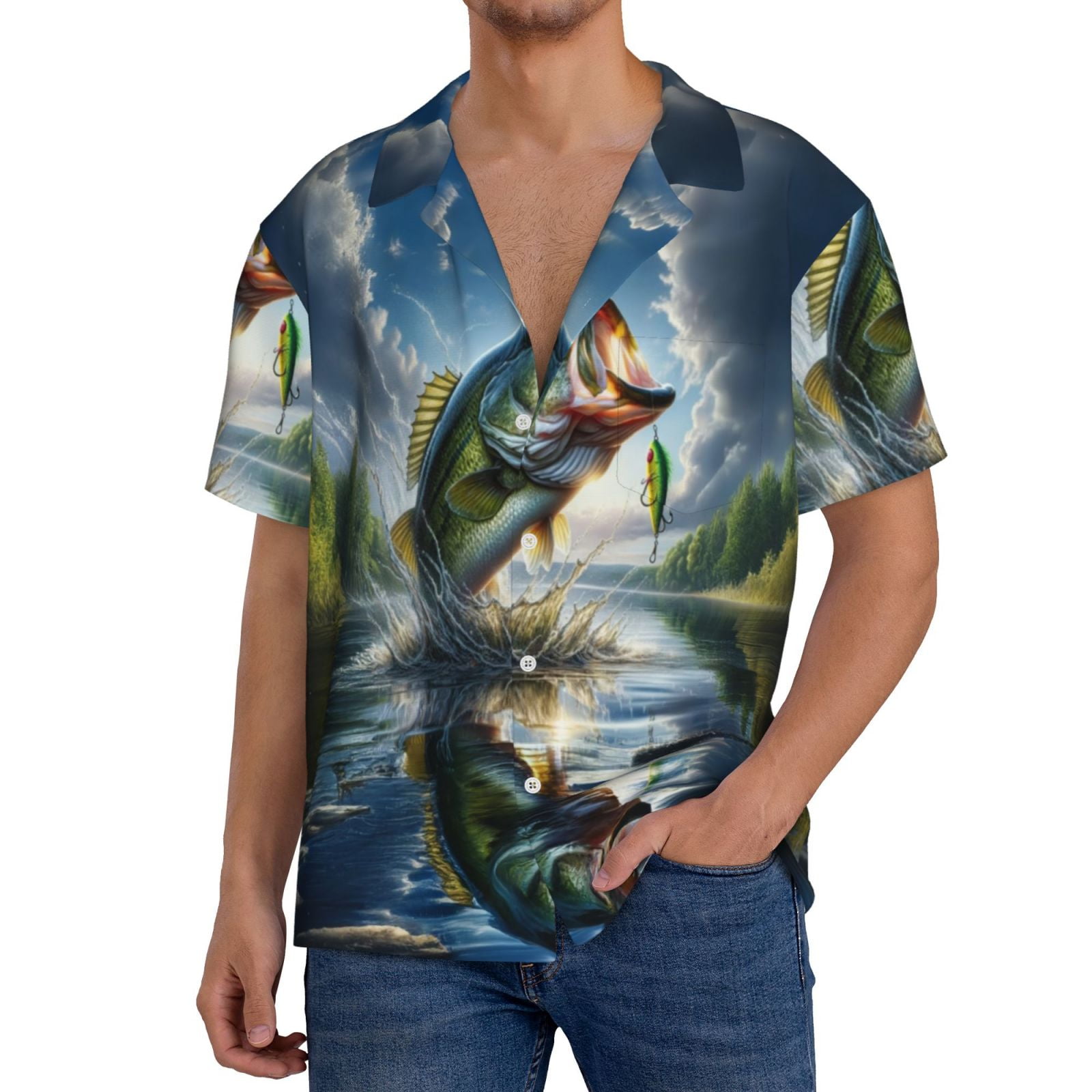 Balery Largemouth Bass Jumping Out of The Water Pattern Men's Casual ...