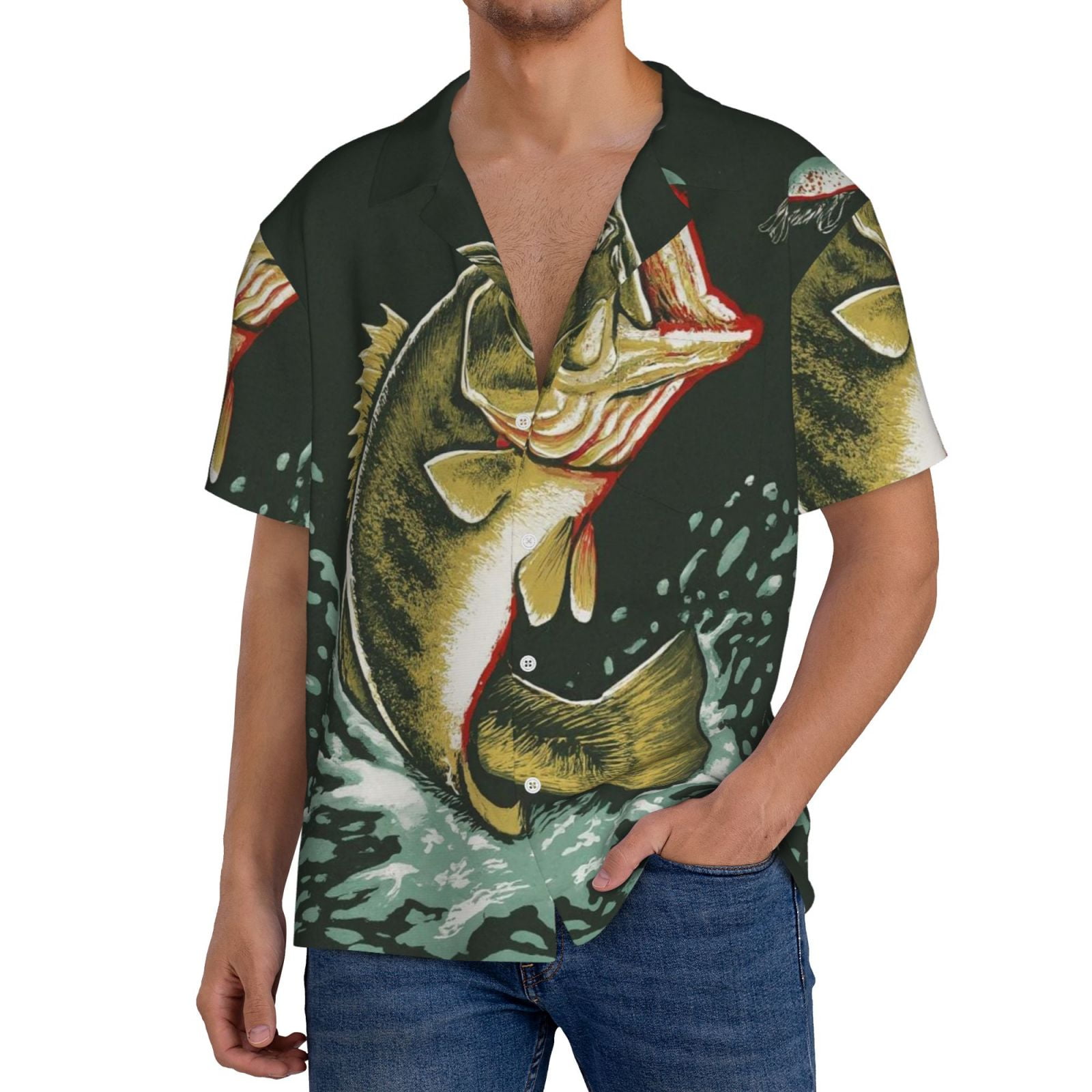 Balery Largemouth Bass jumps out of water Pattern Men's Casual Button Down Shirt Short Sleeve ...