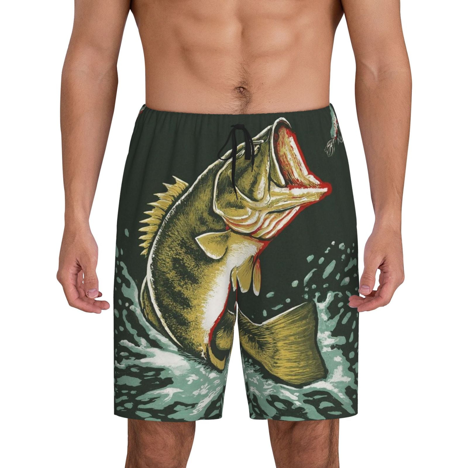 Balery Largemouth Bass jumps out of water Pattern Men's Cotton Knit Pajama Shorts Waistband ...