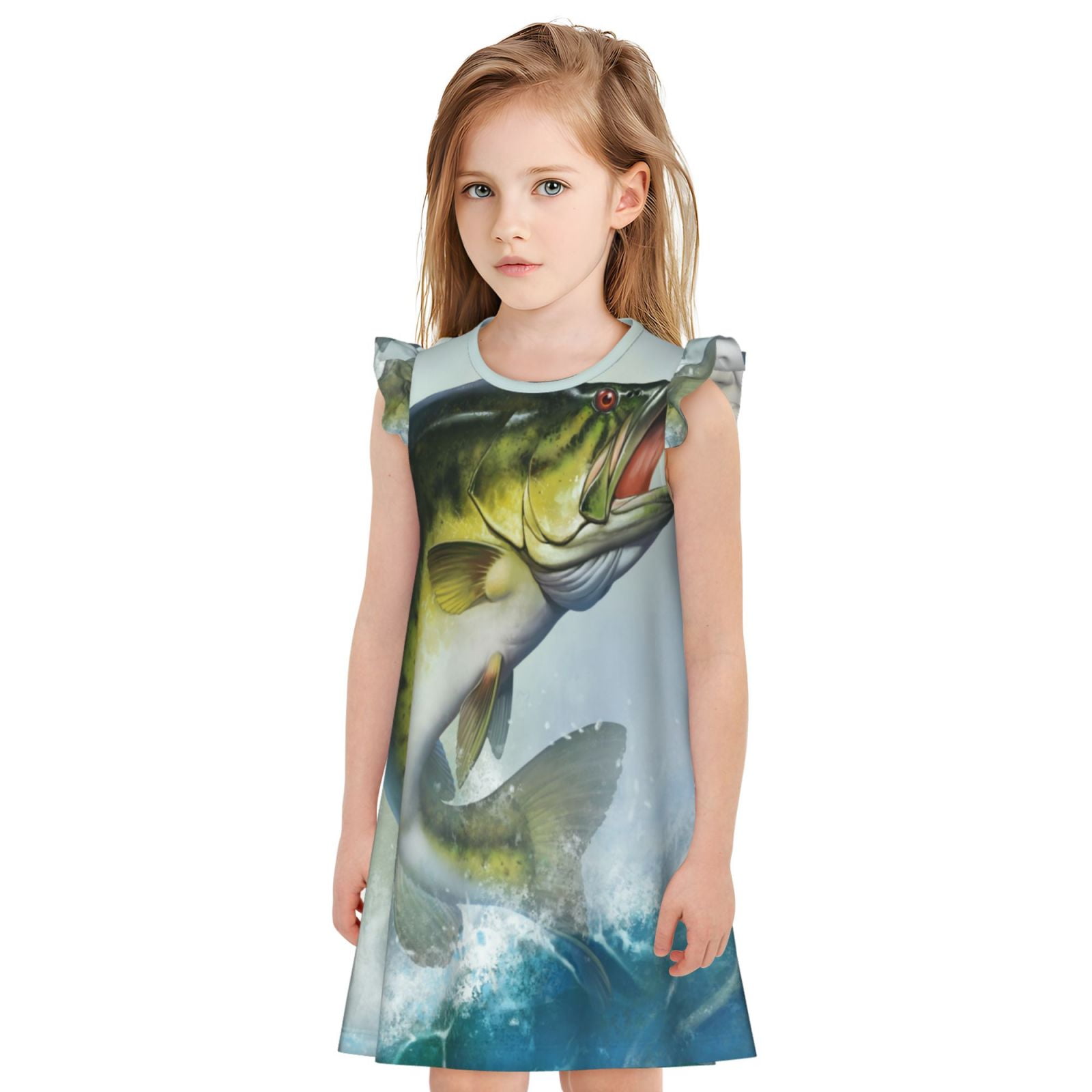 Balery Largemouth Bass jumps out of water Pattern Princess Nightgown for Girls Flutter Sleeve ...