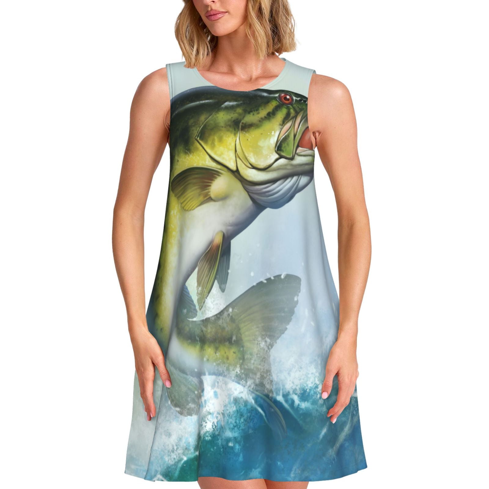 Balery Largemouth Bass jumps out of water Pattern Women’s Summer Dresses – Loose Sleeveless ...