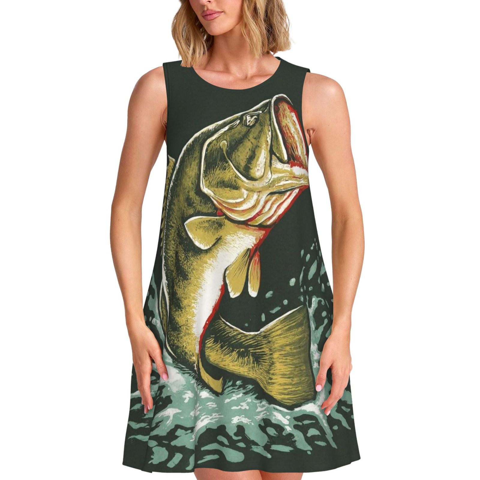 Balery Largemouth Bass jumps out of water Pattern Women’s Summer Dresses – Loose Sleeveless ...