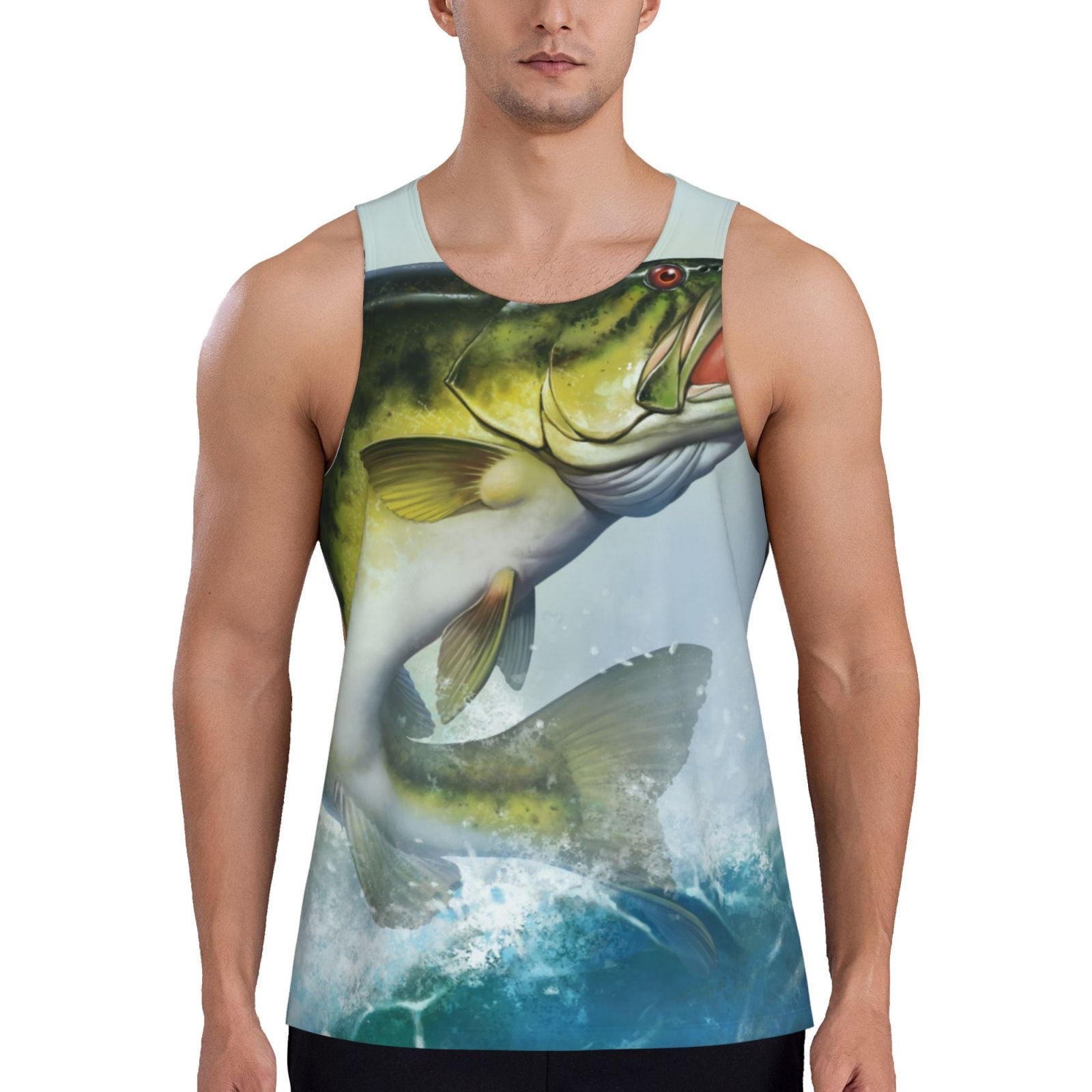 Balery Largemouth Bass jumps out of water Pattern Men's Workout Tank Top Gym Muscle Tee Fitness ...