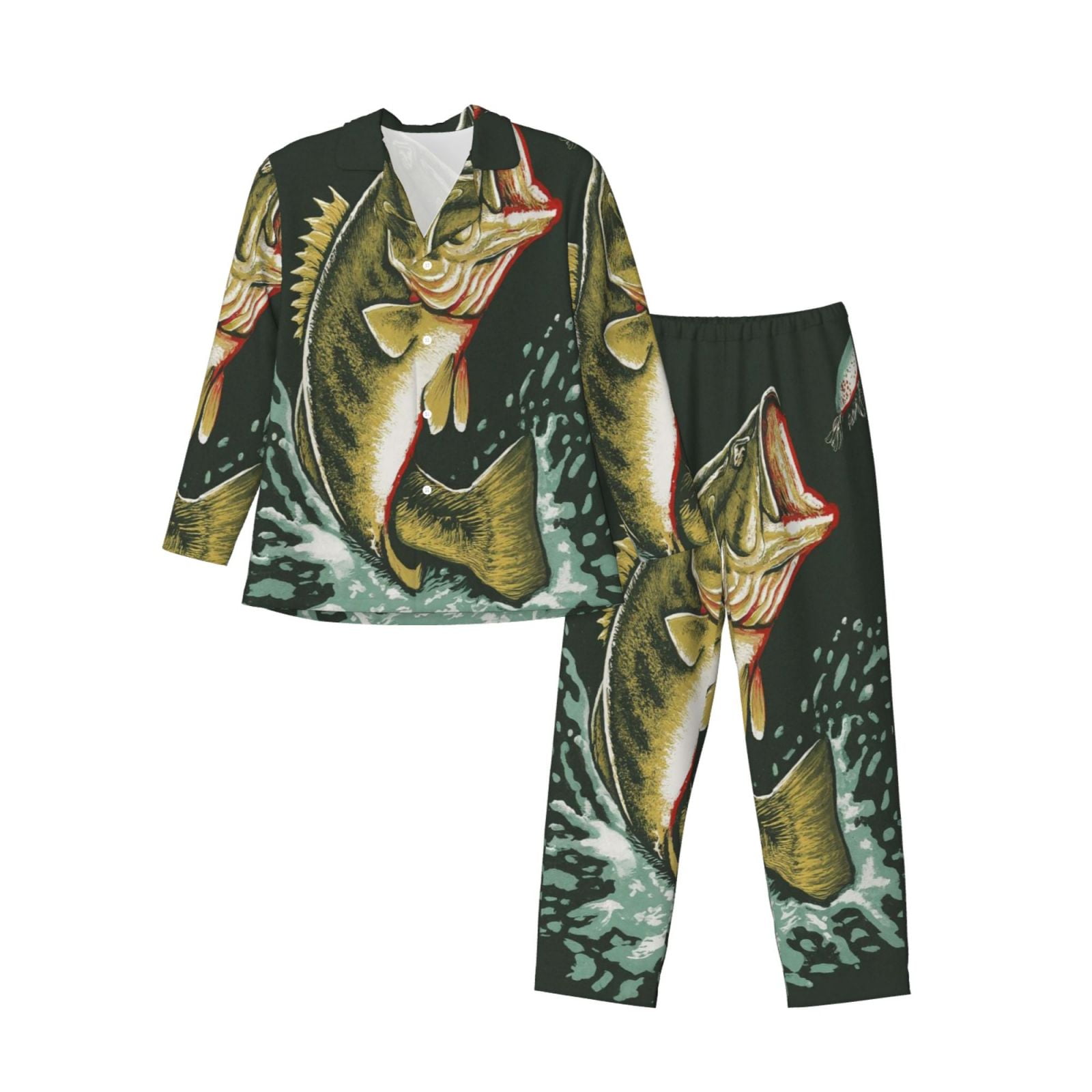 Balery Largemouth Bass jumps out of water Pattern Pajama Sets for Men Long Sleeve 2 Piece ...