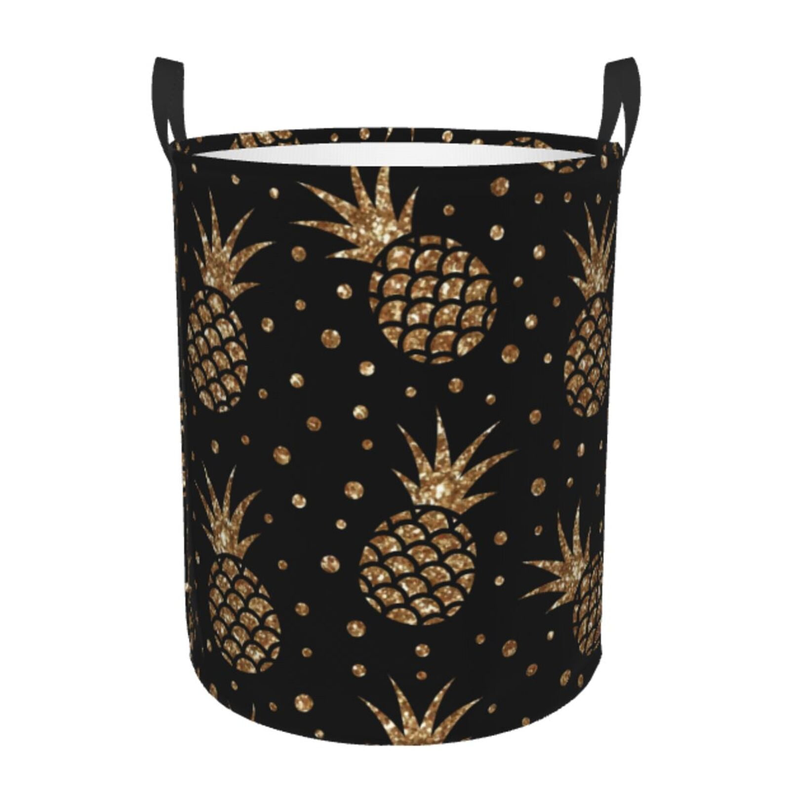 Balery Gold Glitter Pineapples Round Laundry Basket with Handles Waterproof Freestanding Laundry ...