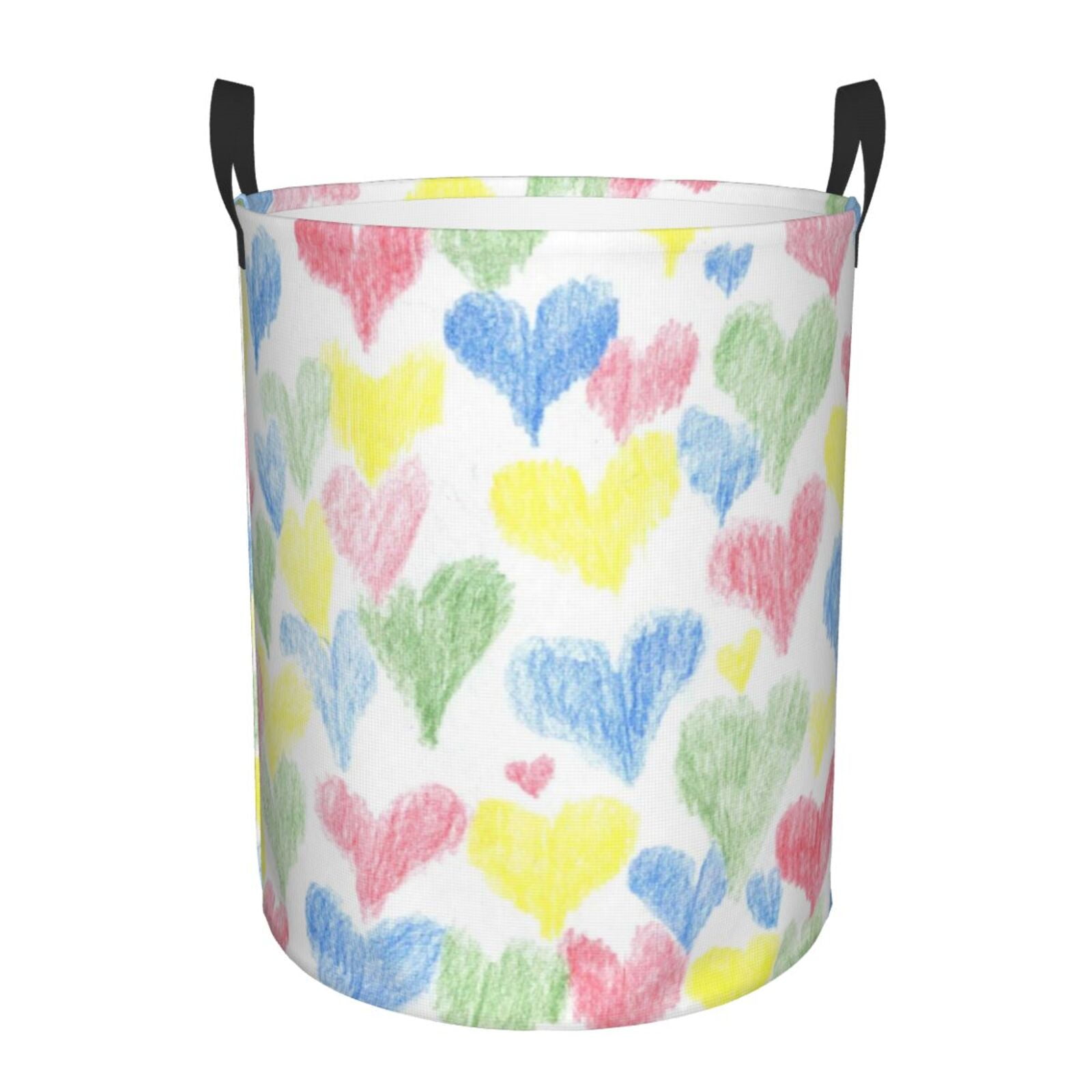 Balery Hand Drawn Colored Hearts Round Laundry Basket with Handles ...