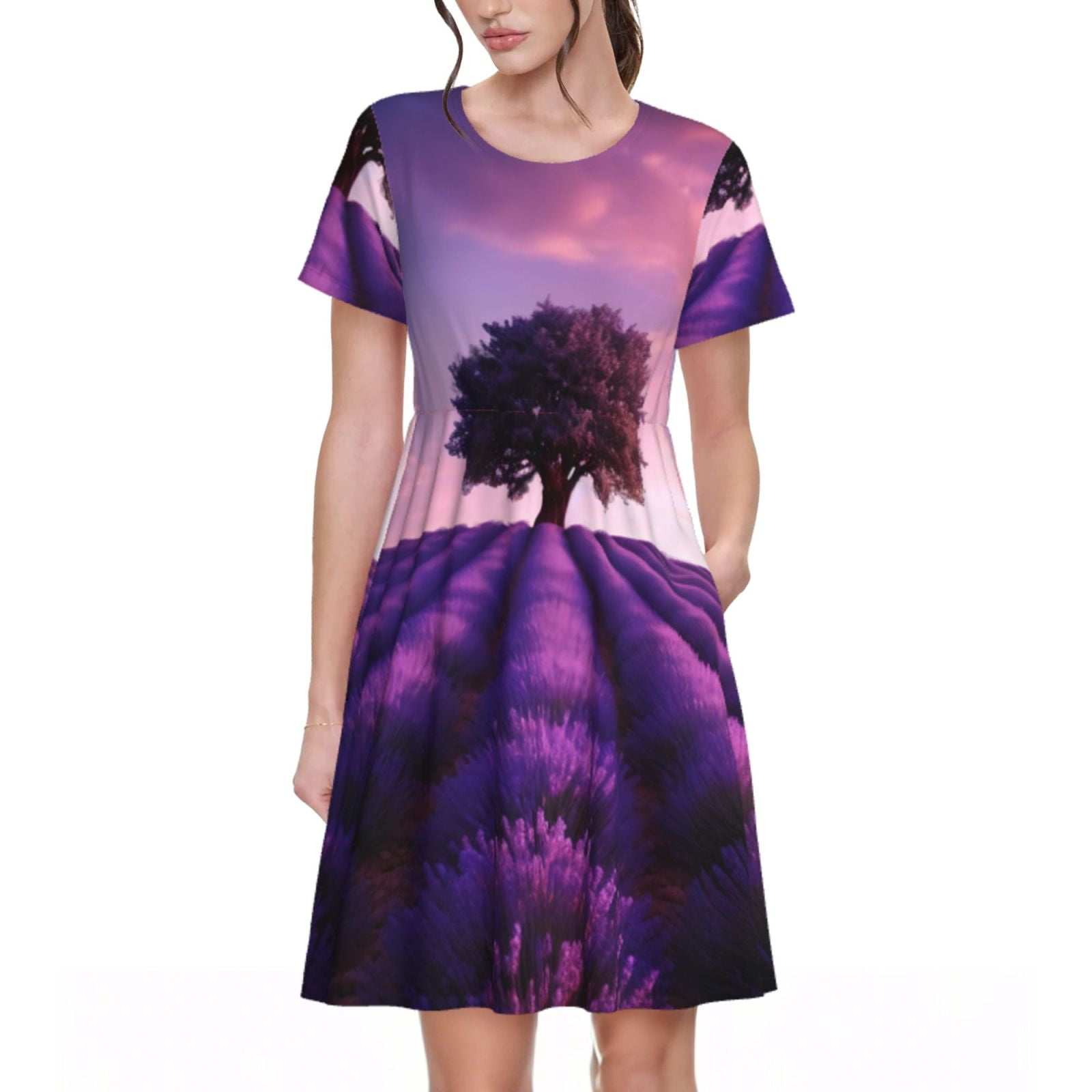 Balery Lavender Field Sunset Pattern Womens Dresses Loose Short sleeve ...