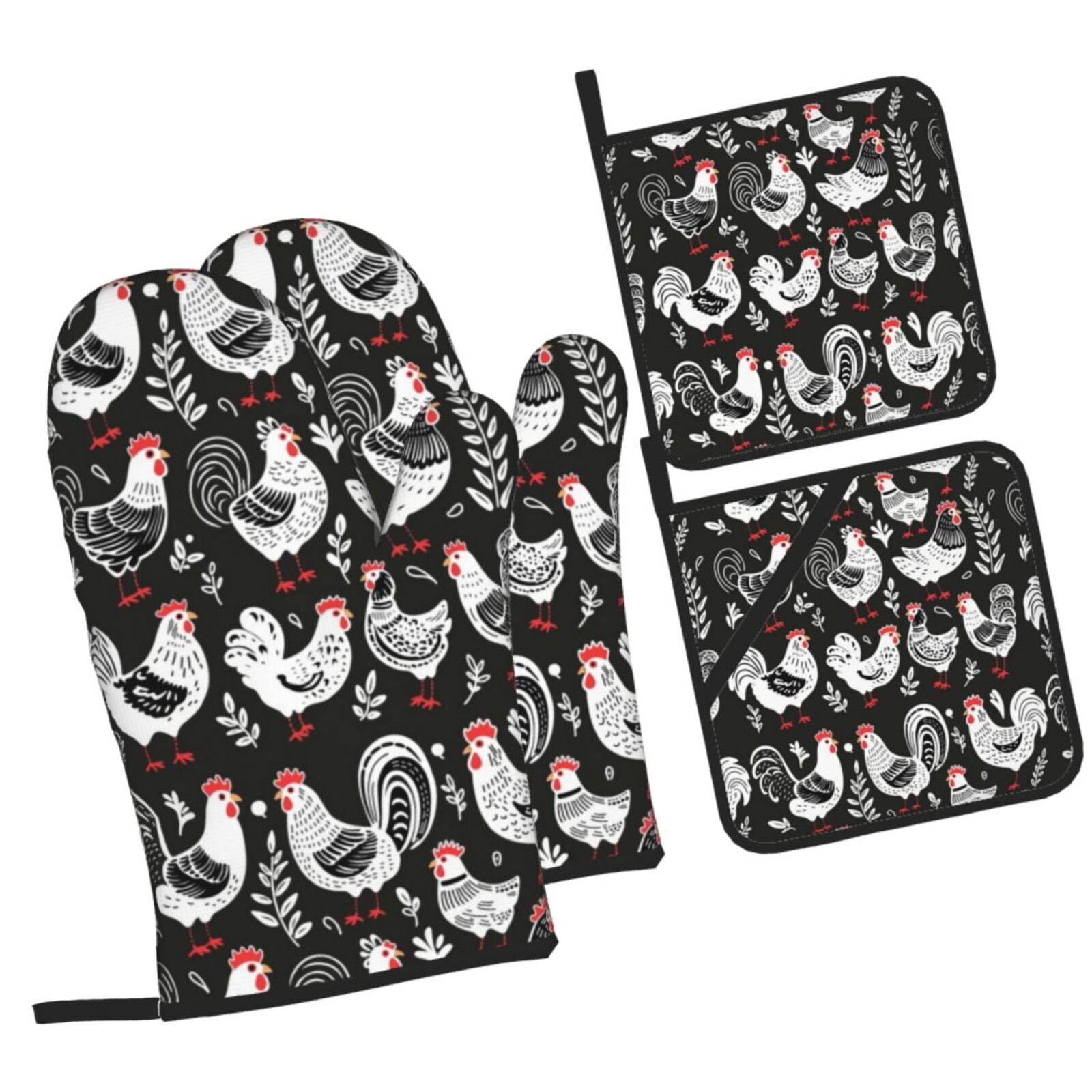 Balery Laying Hens And Roosters Pattern Oven Mitts and Pot Holders 4 ...