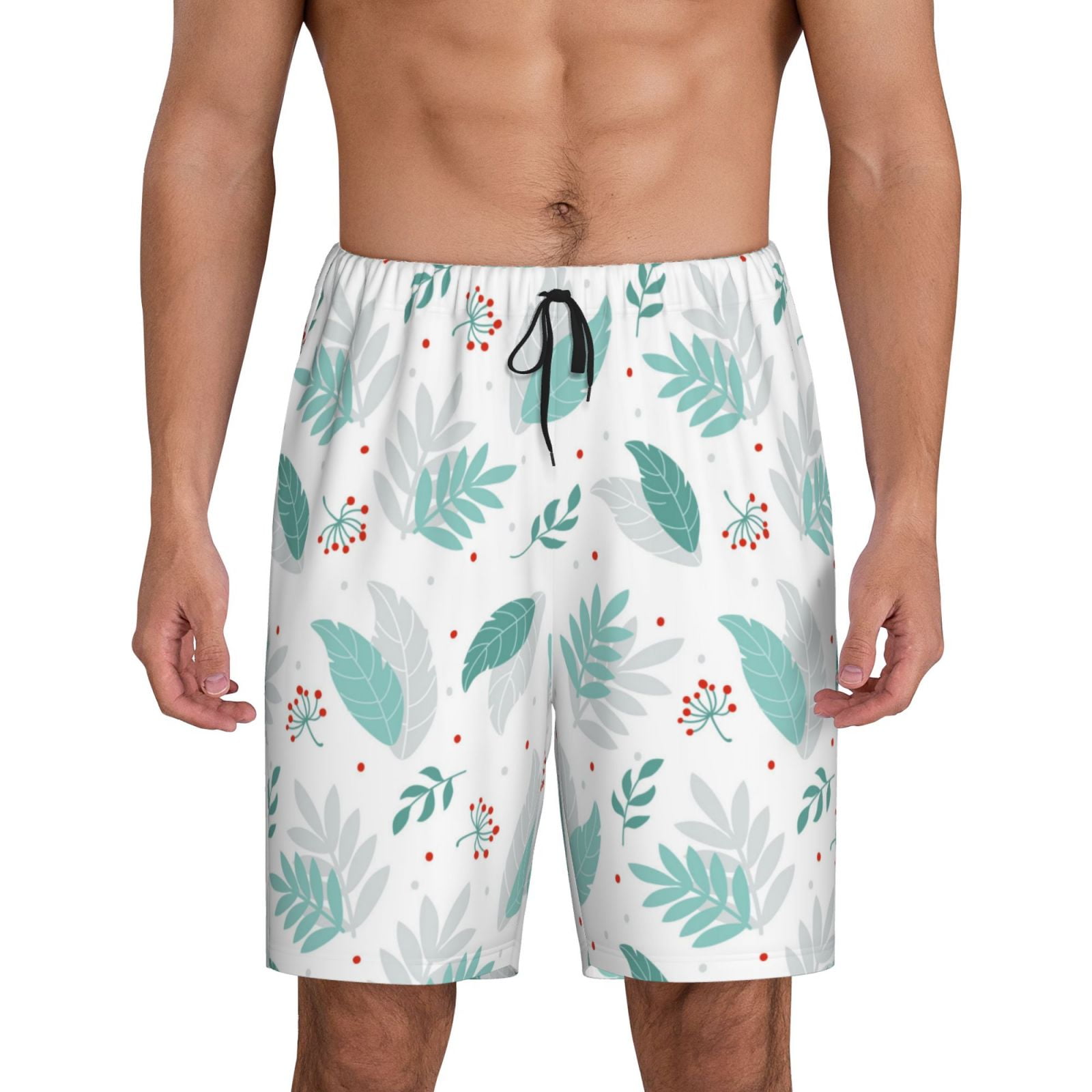 Balery Leaf Print Green Men's Cotton Knit Pajama Shorts Waistband ...