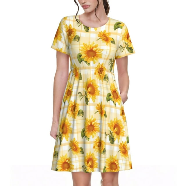 Balery Light Yellow Plaid Sunflower Pattern Womens Dresses Loose Short ...