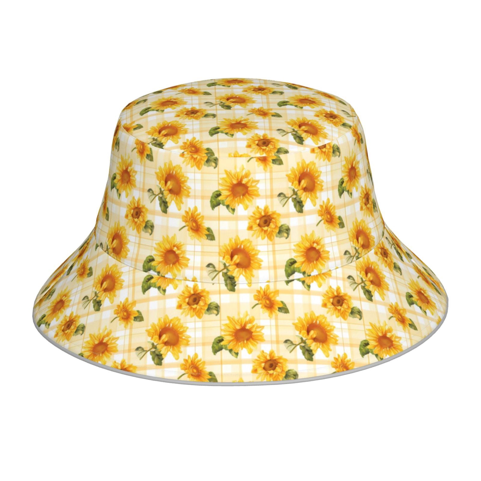Balery Light Yellow Plaid Sunflower Sun Hats for Men Women Bucket Hat ...