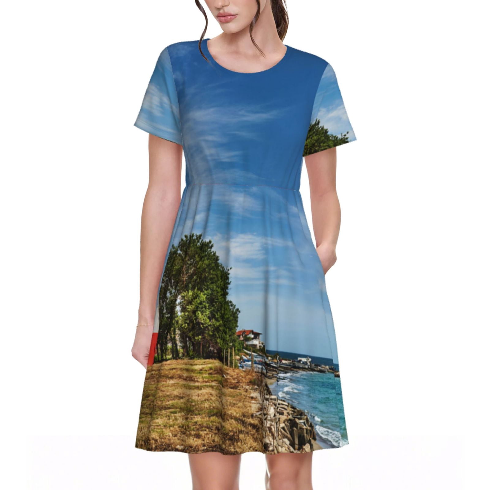 Balery Lighthous Pattern Womens Dresses Loose Short sleeve Sundresses ...
