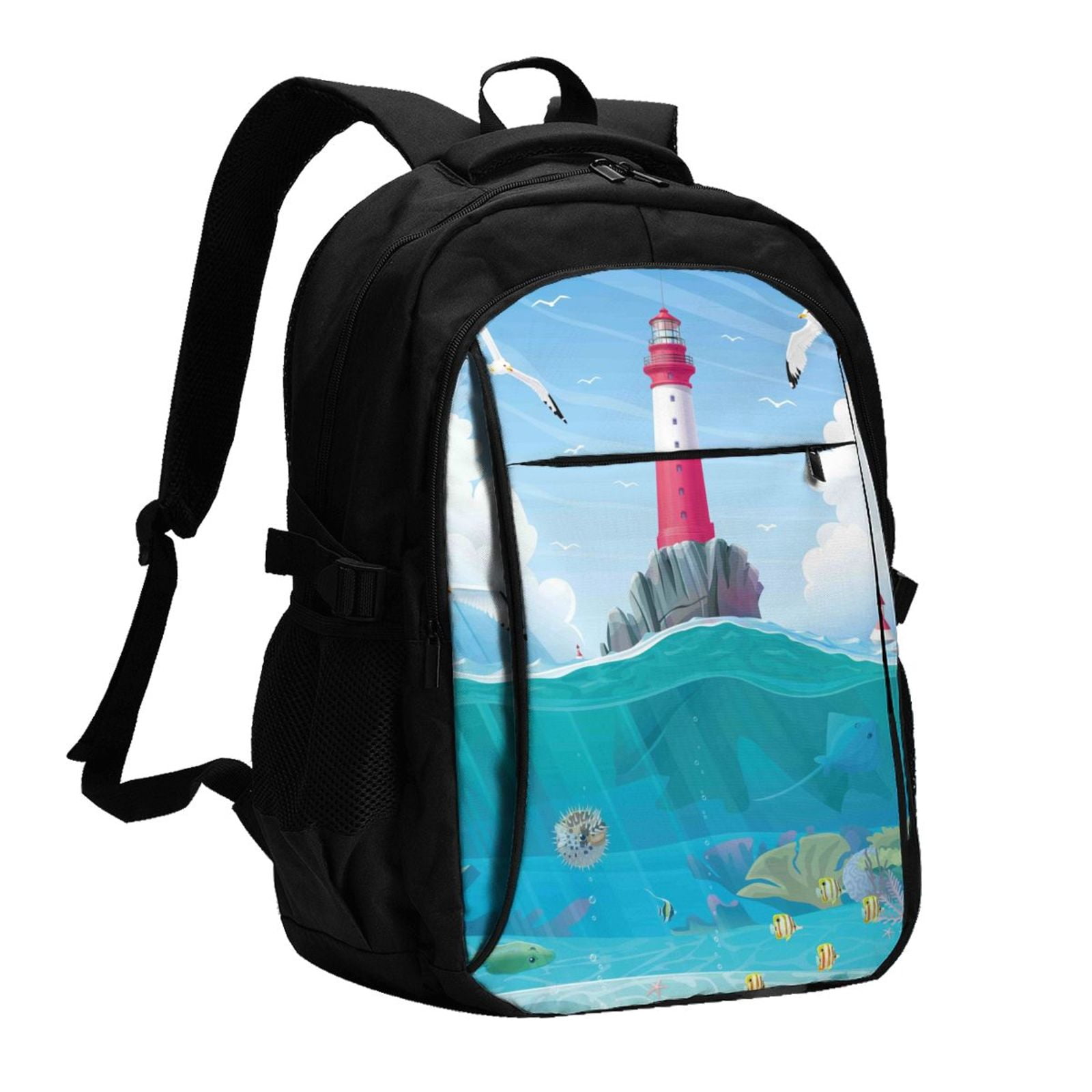 Balery Lighthouse Sea Port Print USB Charging Backpack for Men and ...
