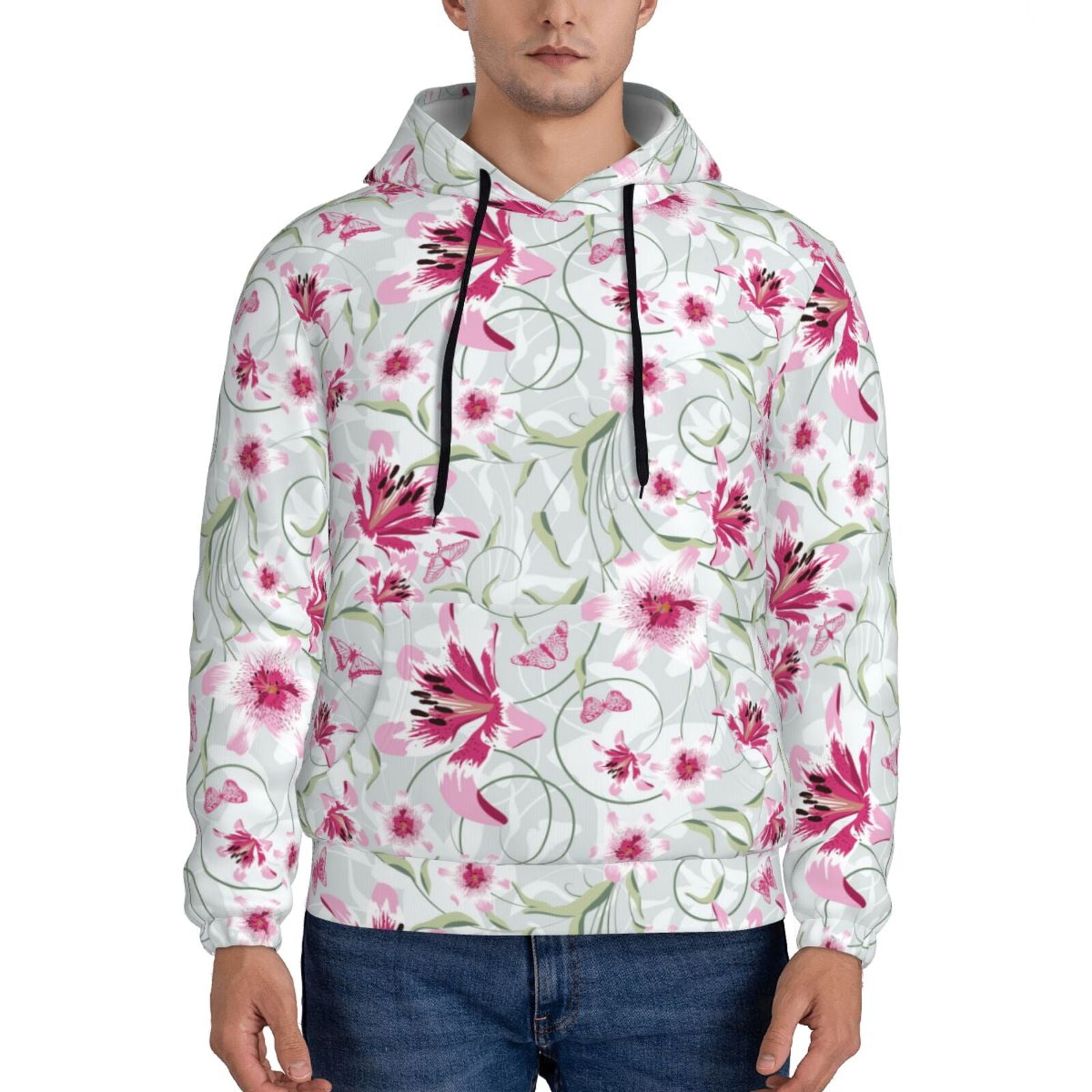 Balery Lilies Flowers Pattern Mens Hoodie Kangaroo Pocket Hoodie ...
