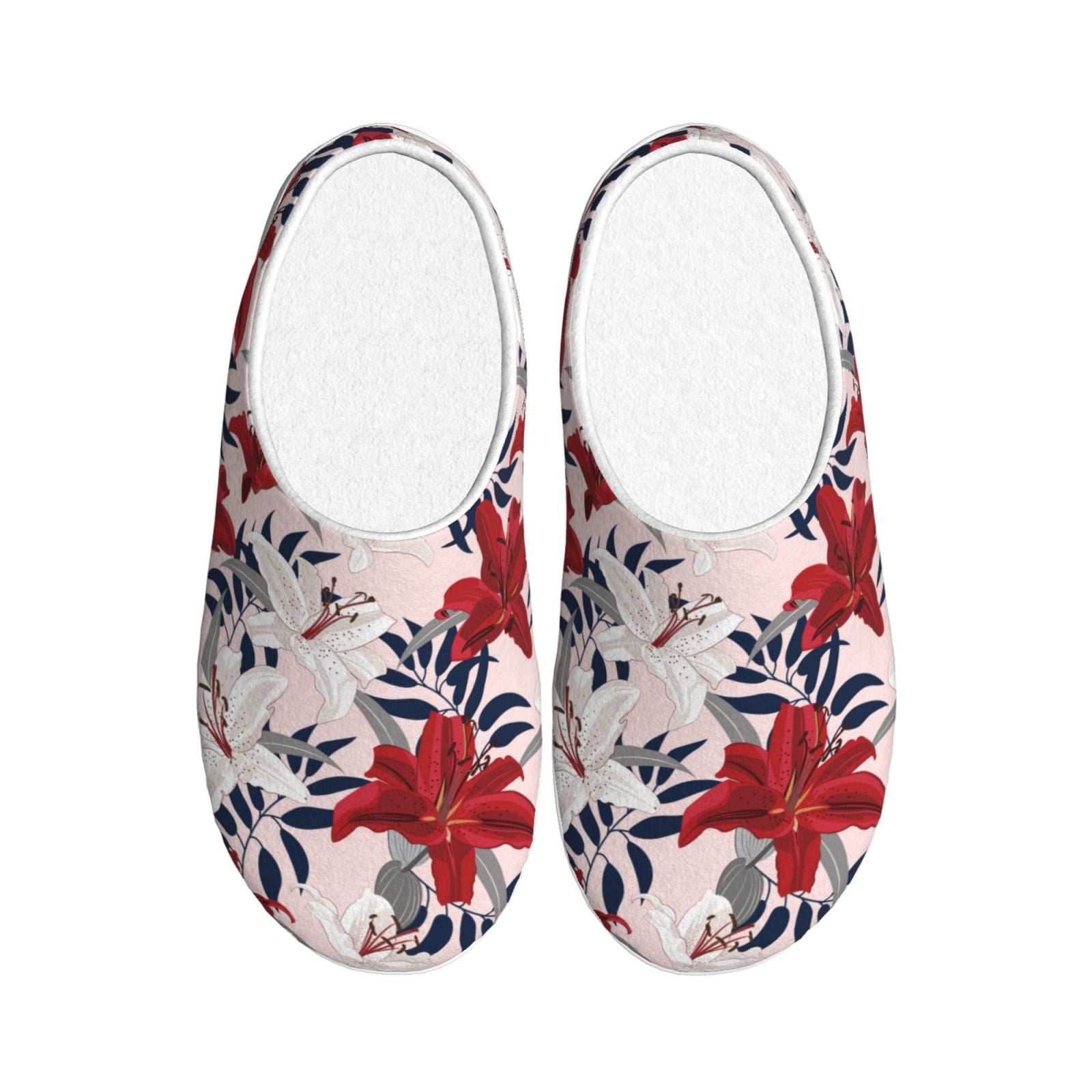 Balery Lilies Flowers Pattern Women's Fuzzy Memory Foam Slippers Fluffy ...