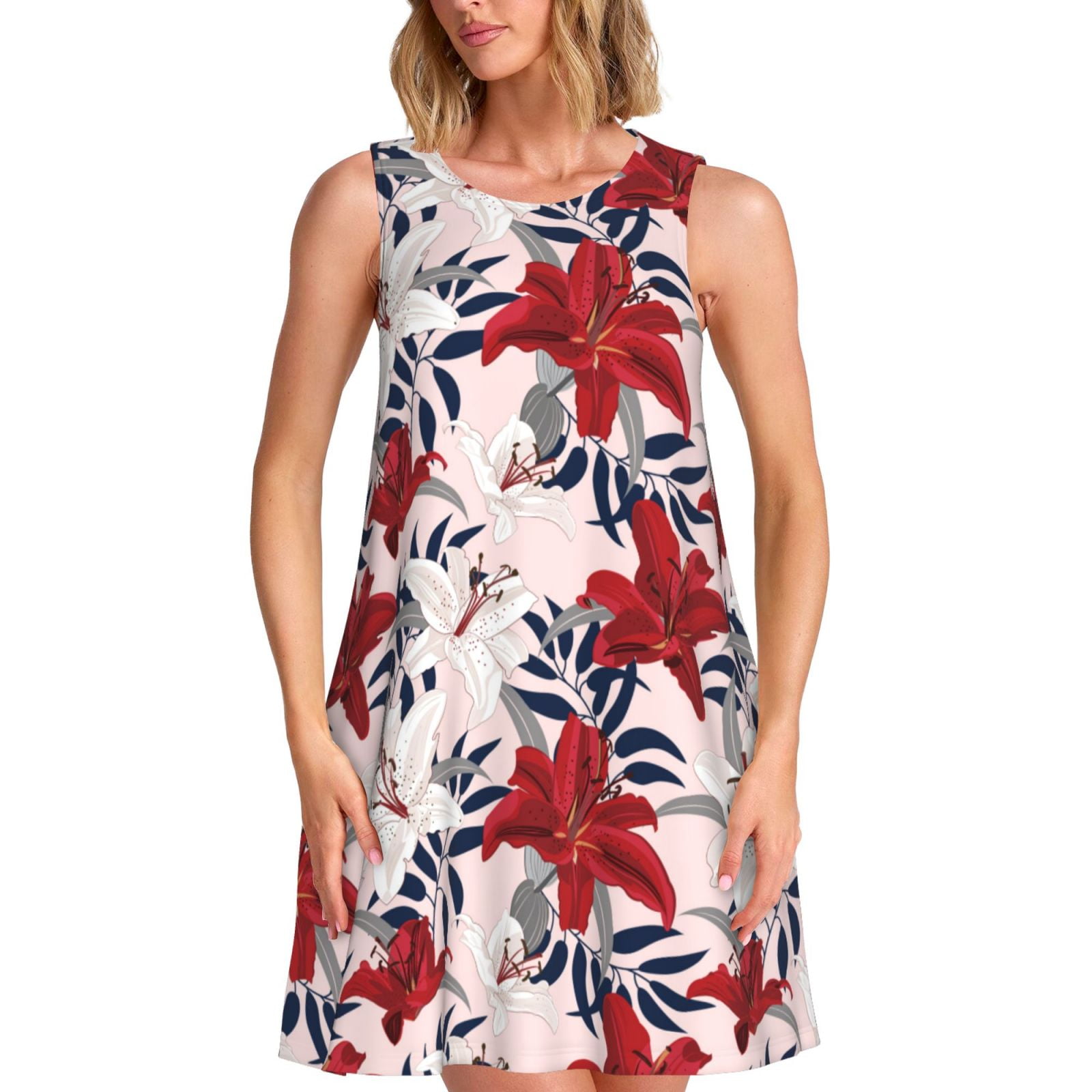 Balery Lilies Flowers Pattern Women’s Summer Dresses – Loose Sleeveless ...