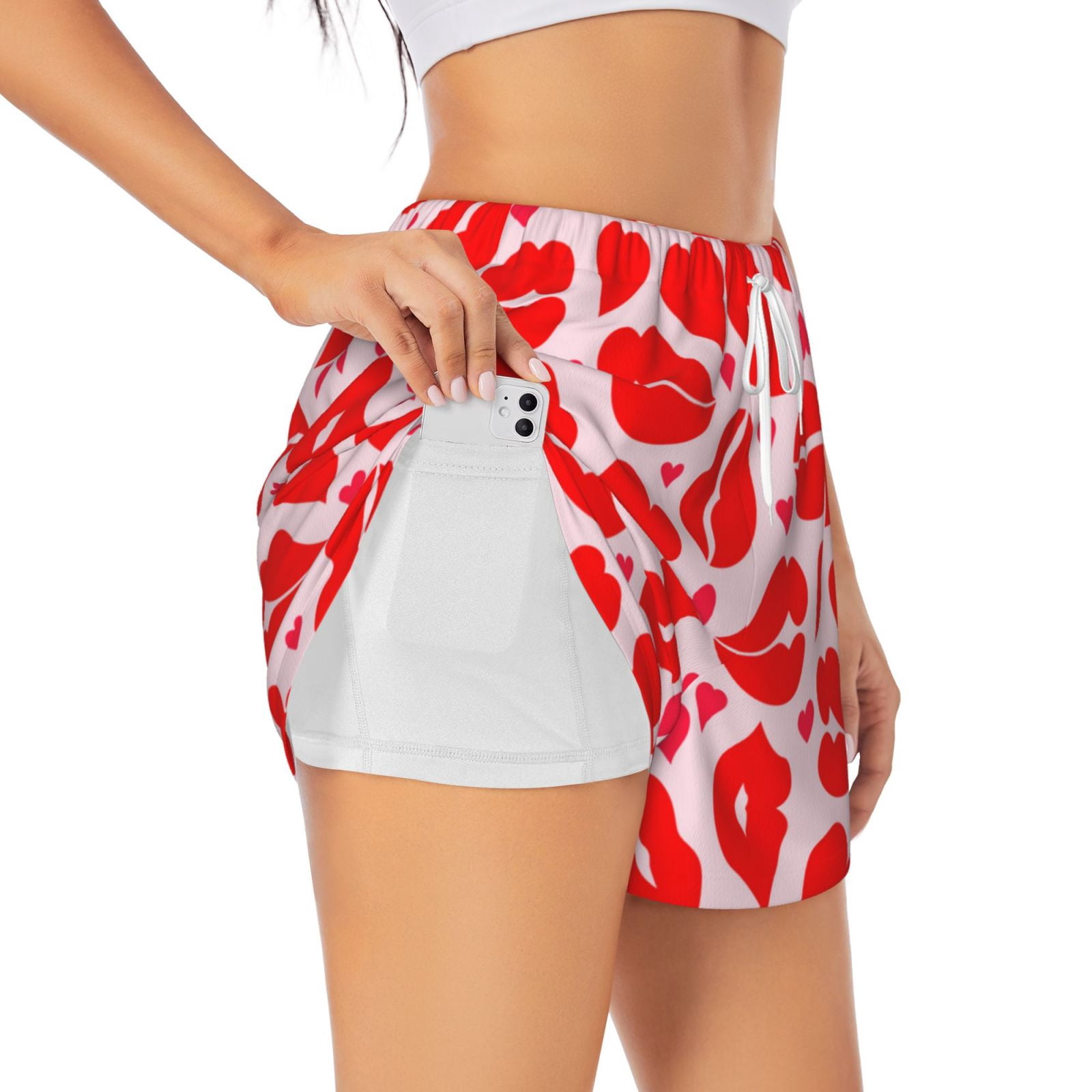 Balery Lips Kiss Pattern Women's Running Shorts with Liner 2 Pockets ...