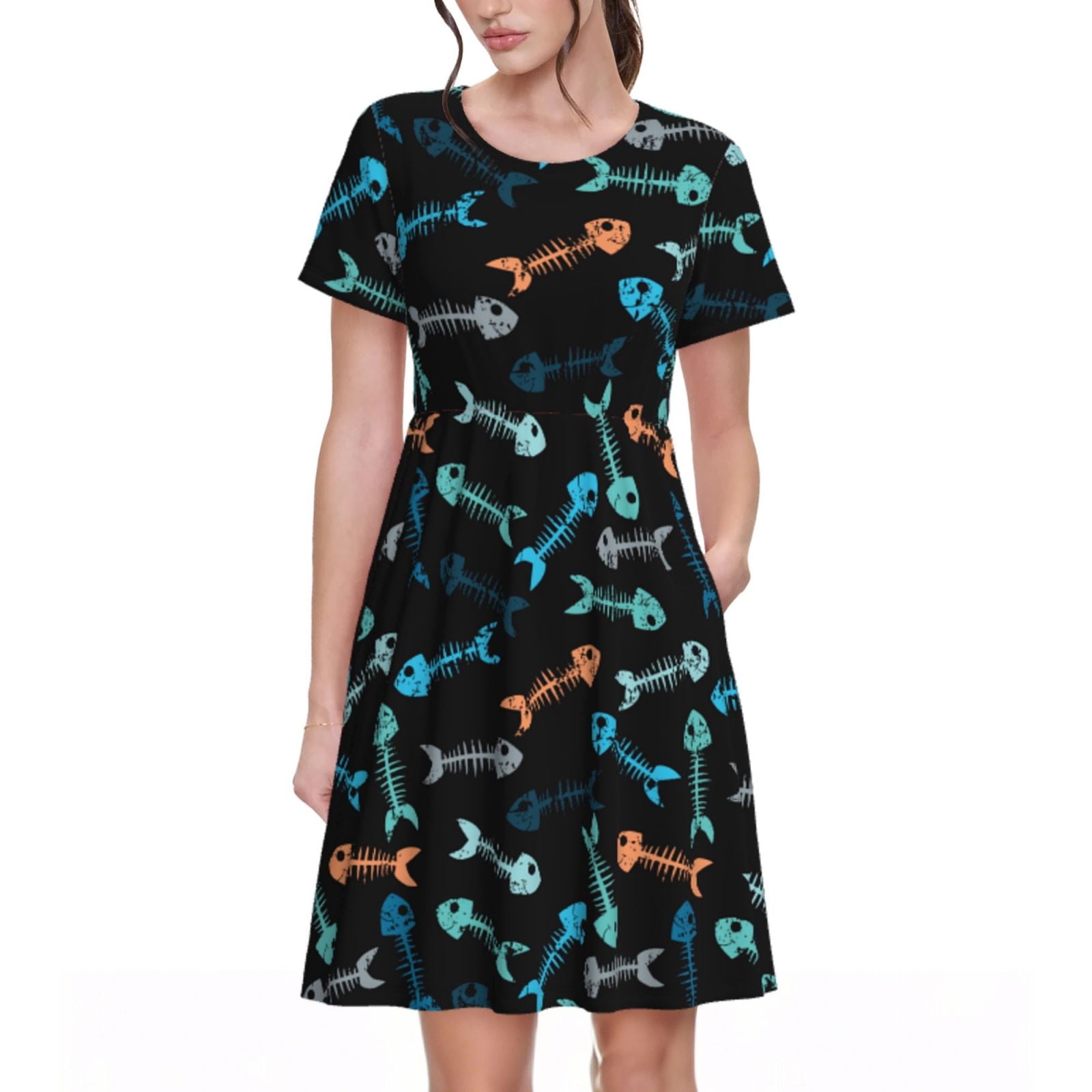 Balery Little Fish Skeleton Pattern Womens Dresses Loose Short sleeve ...