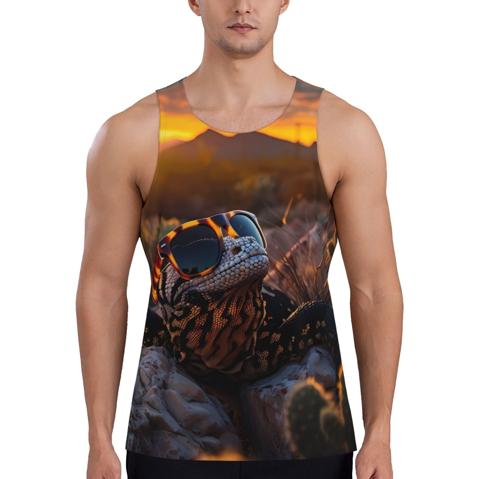 Balery Lizard With Sunglasses Sunset Pattern Men's Workout Tank Top Gym ...