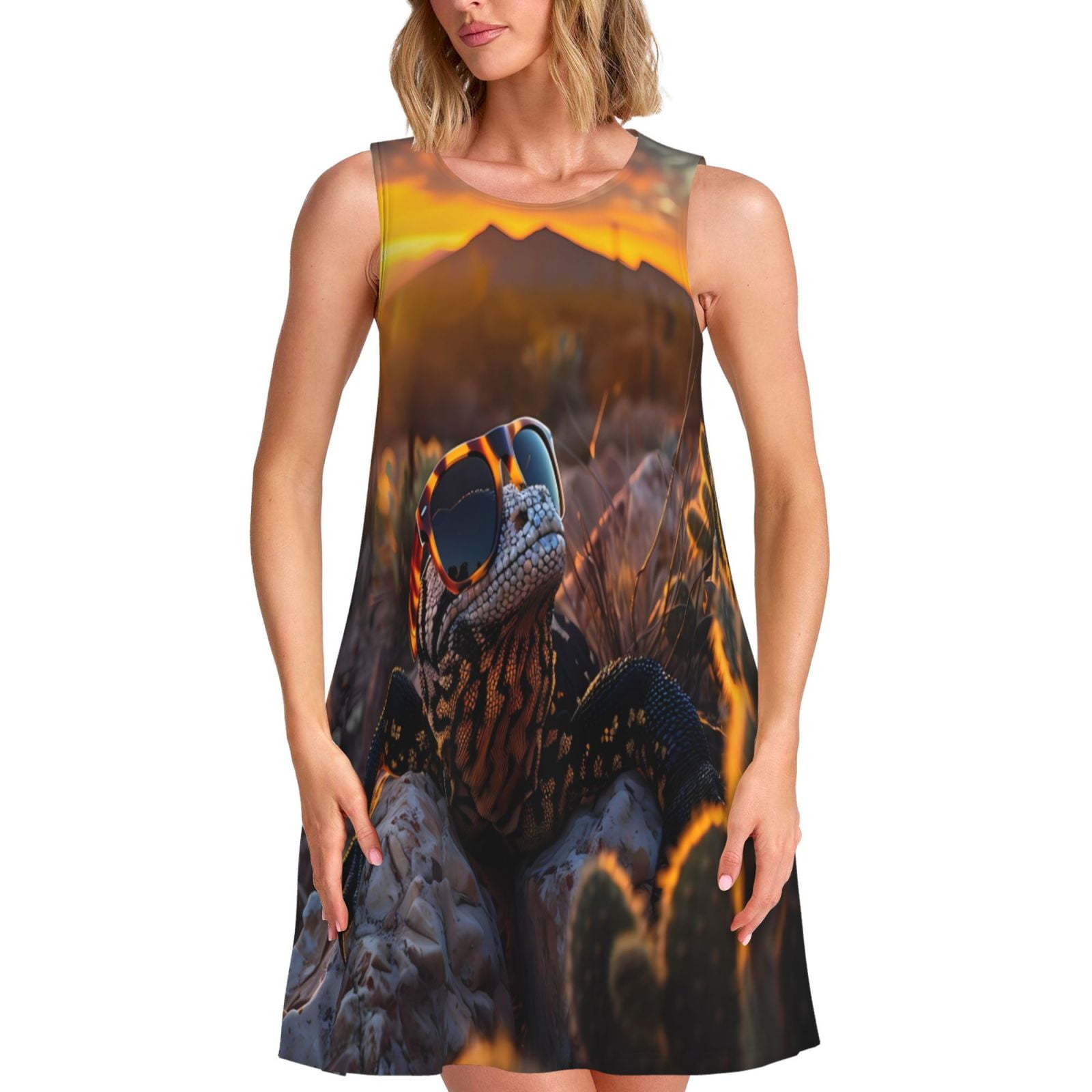 Balery Lizard With Sunglasses Sunset Pattern Women’s Summer Dresses ...