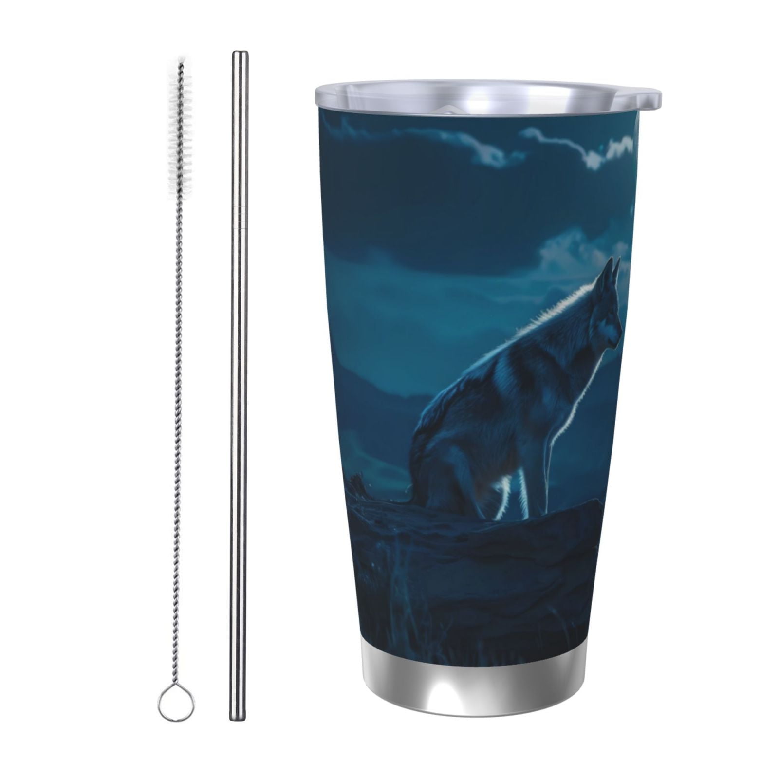Balery Lonely Night Wolf Pattern 20oz Insulated Car Cup with Dual Drink ...
