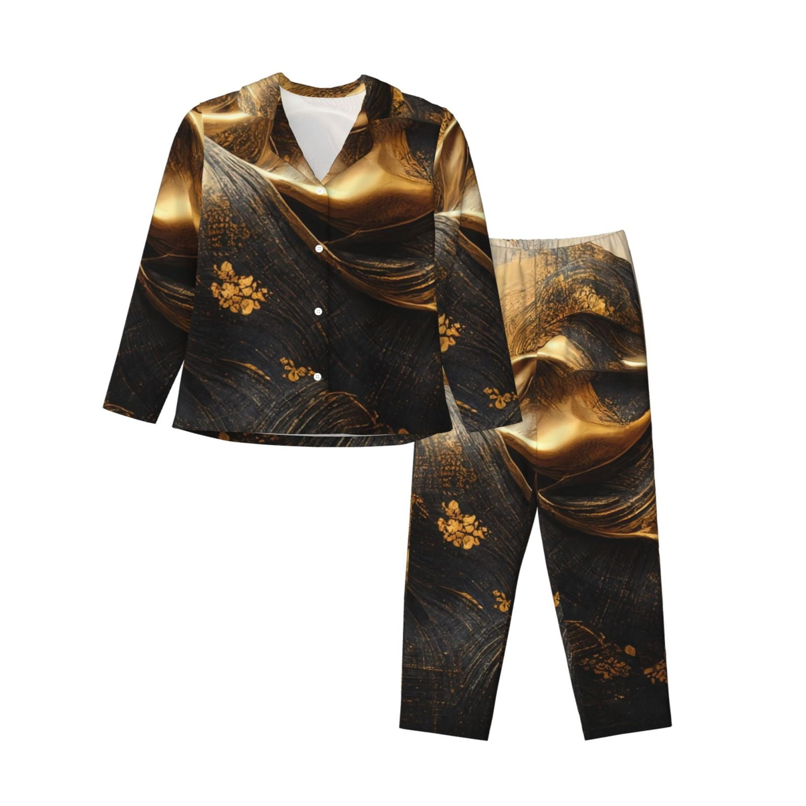Balery Luxurious Gold Flow Pattern Pajama Sets for Women Long Sleeve 2 ...